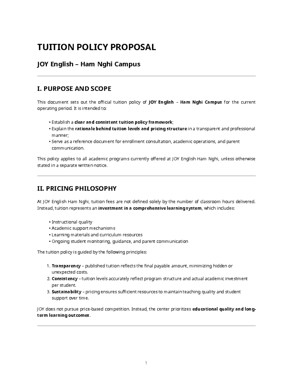 TUITION POLICY PROPOSAL - JOY English Ham Nghi Campus - Studocu