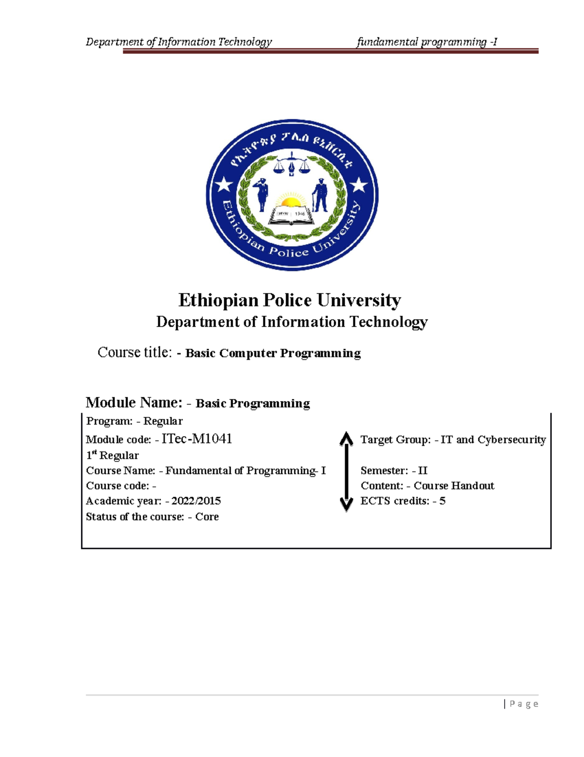 Fundamentals of Programming I (ITec-M1041) - Course Handout - Studocu