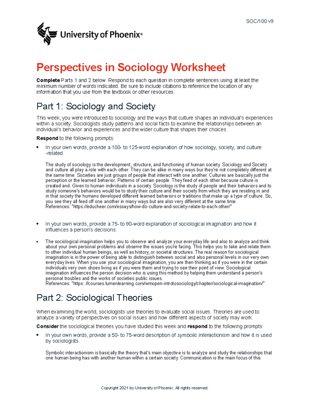 Sociology Perspectives Worksheet - SOC/100 v Summary and Analysis - Studocu