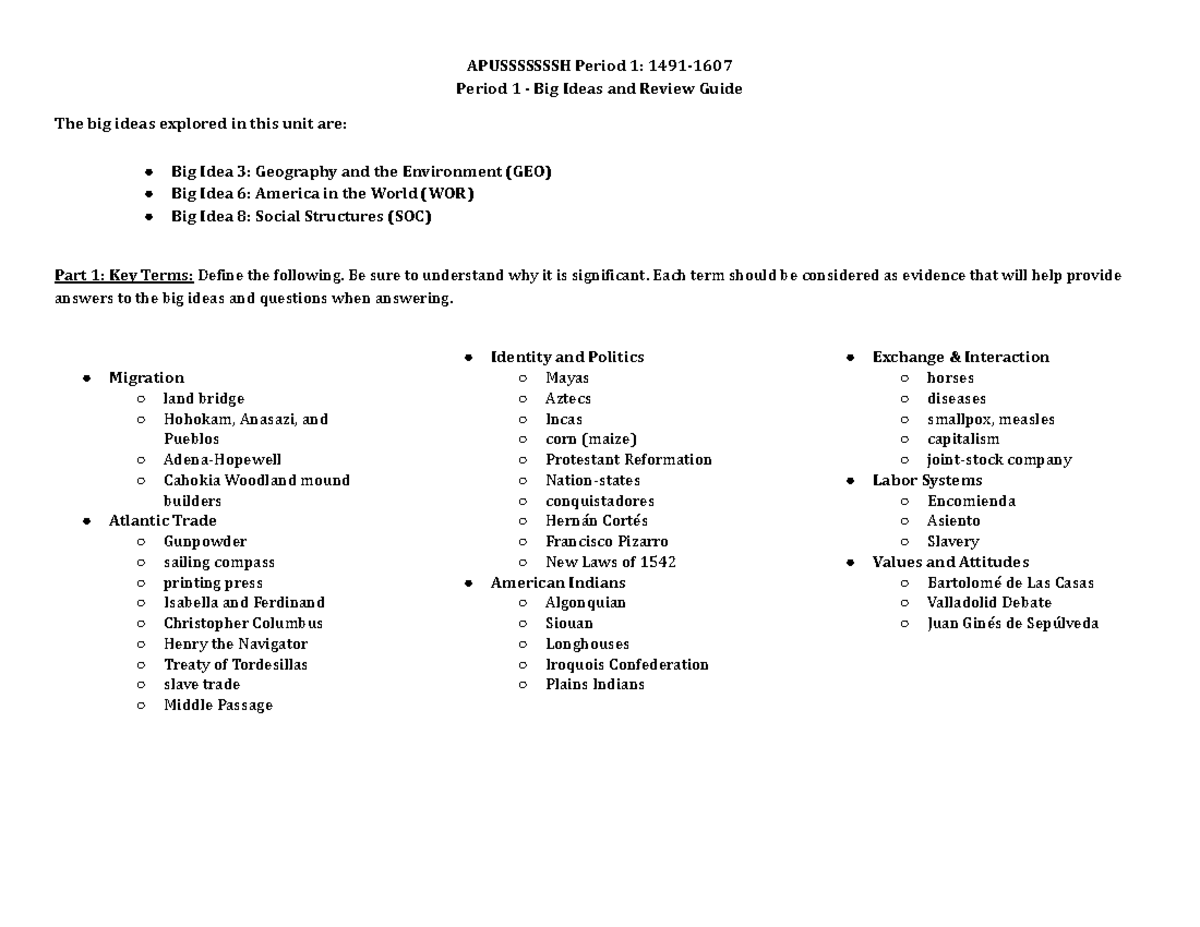 APUSH Period 1 (1491-1607) Review Guide: Big Ideas & Key Questions ...