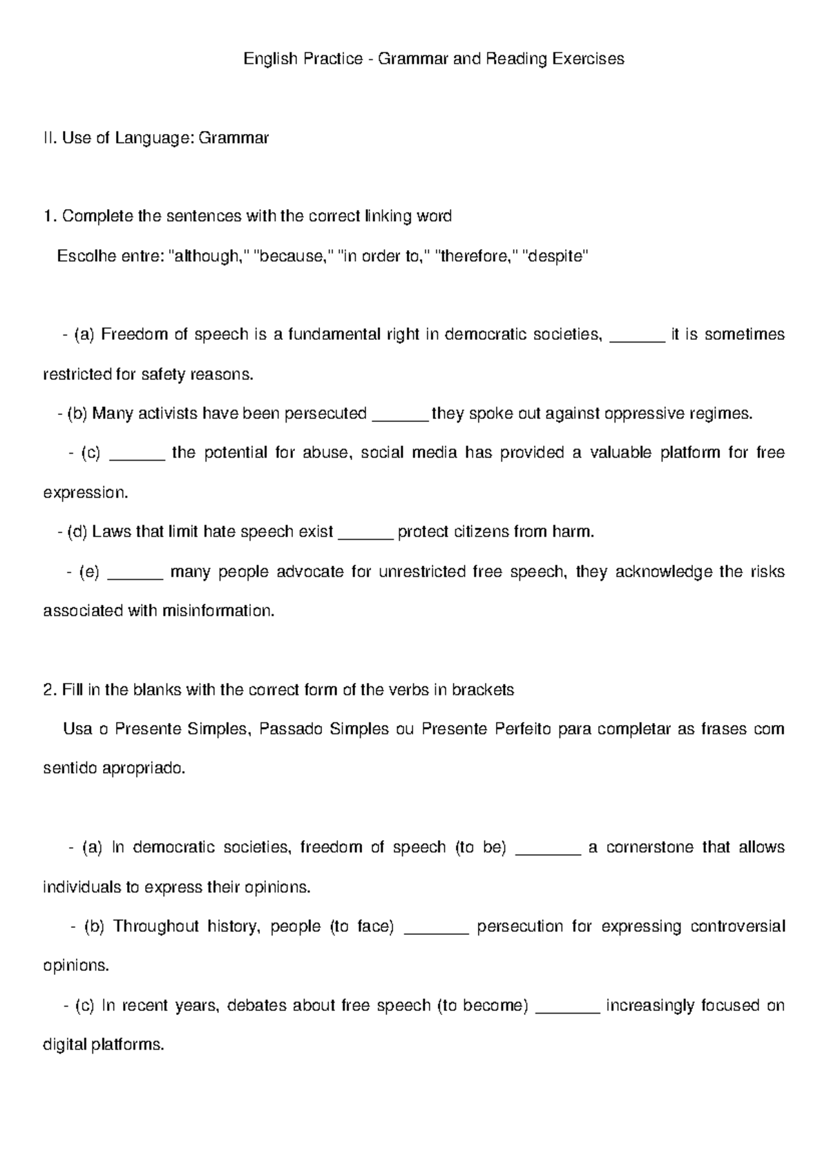 English Grammar & Reading Practice Exercises for Students - Studocu