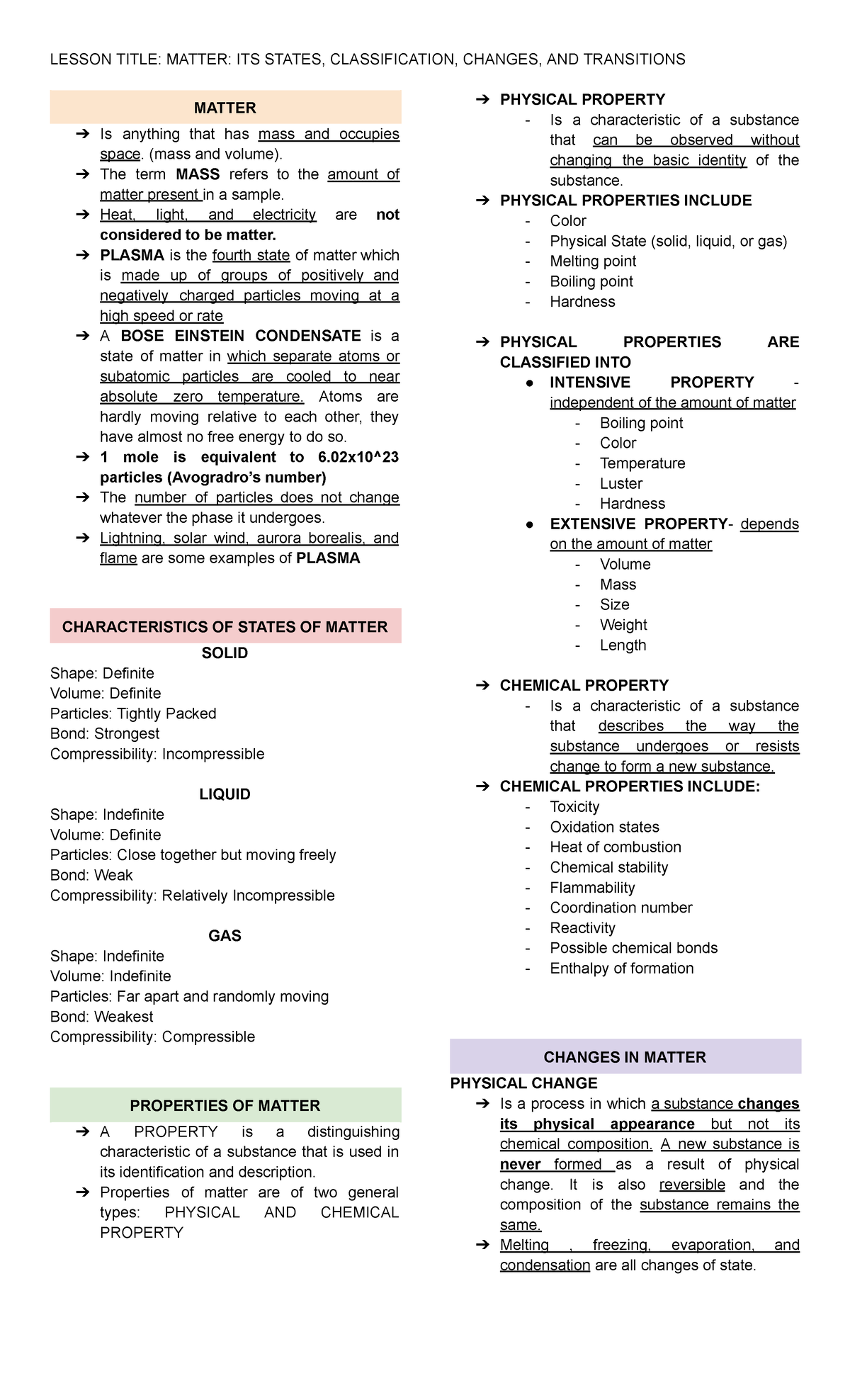 CHE 026: M1 - Lesson on Matter: States, Properties, and Changes - Studocu