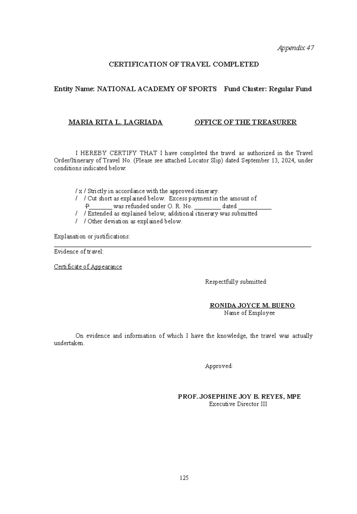 Appendix 47 - CTC Certification of Travel Completion Details - Studocu