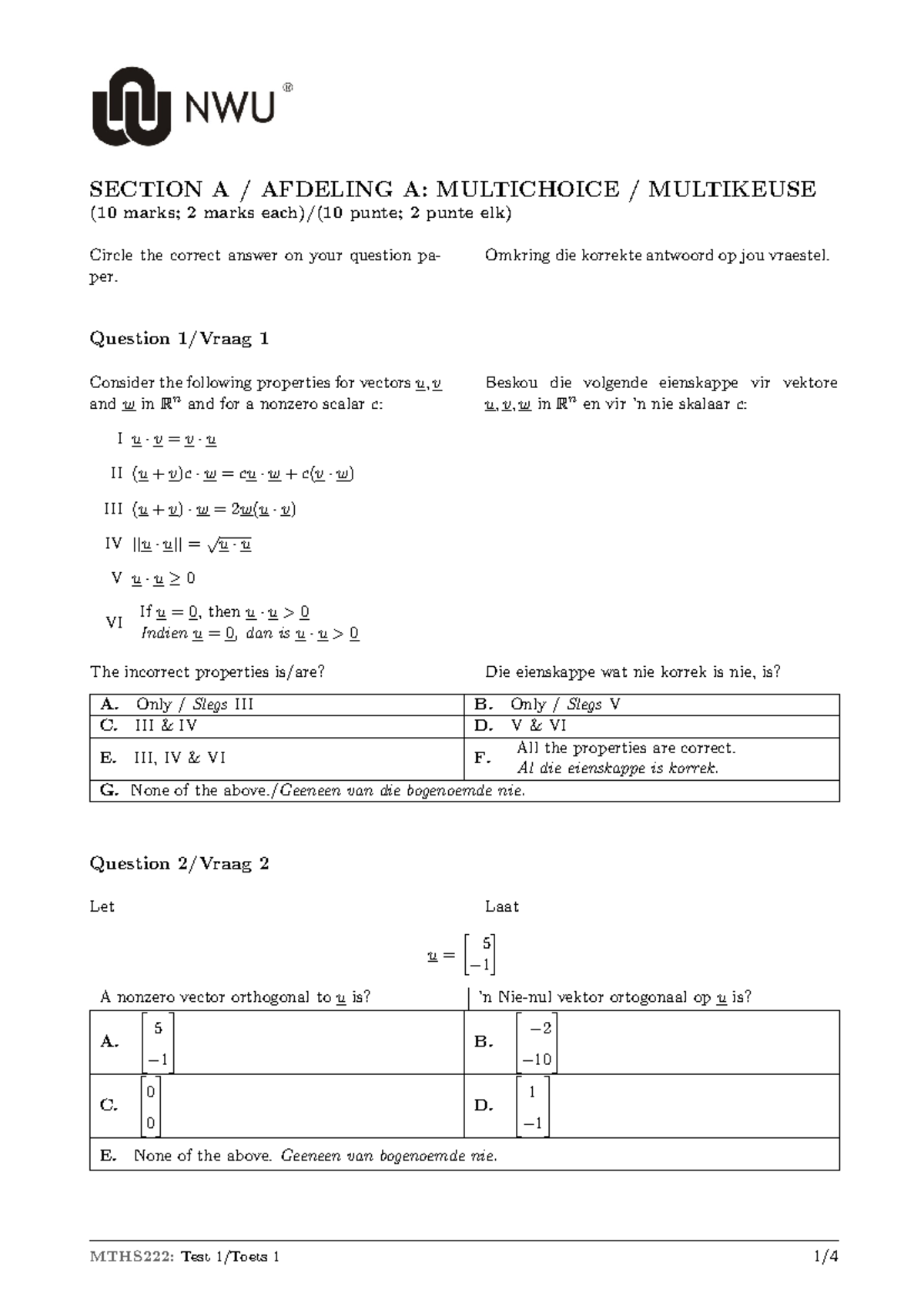 MTHS222: Long Test 1 - Multichoice Questions and Answers - Studocu
