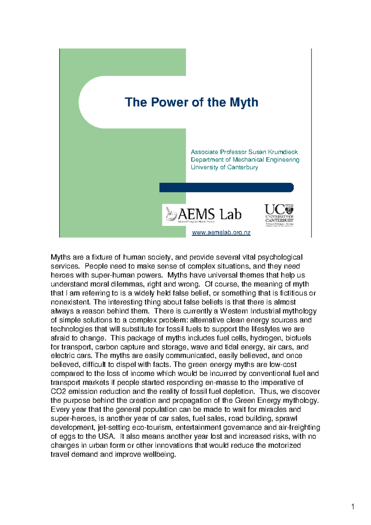 Power of the Myth: Understanding Green Energy Myths in ME 101 - Studocu