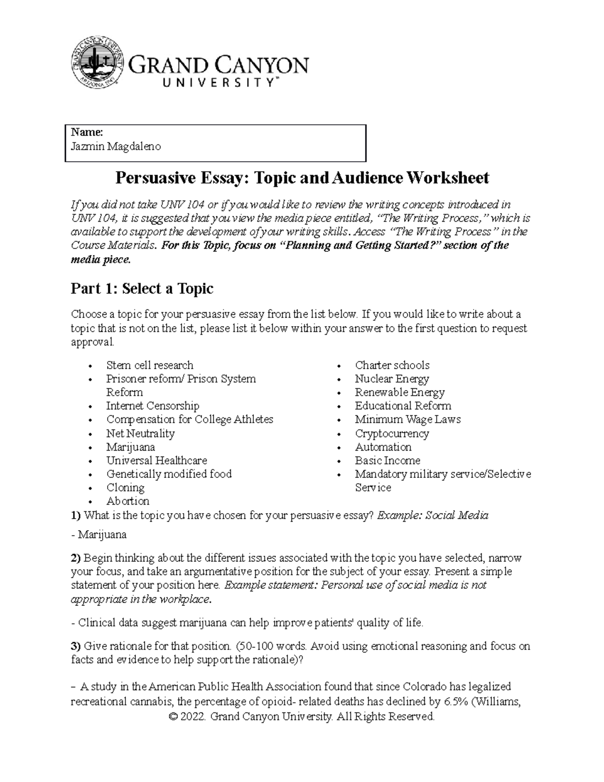 PHI-105 Persuasive Essay Planning: Topic & Audience Worksheet - Studocu