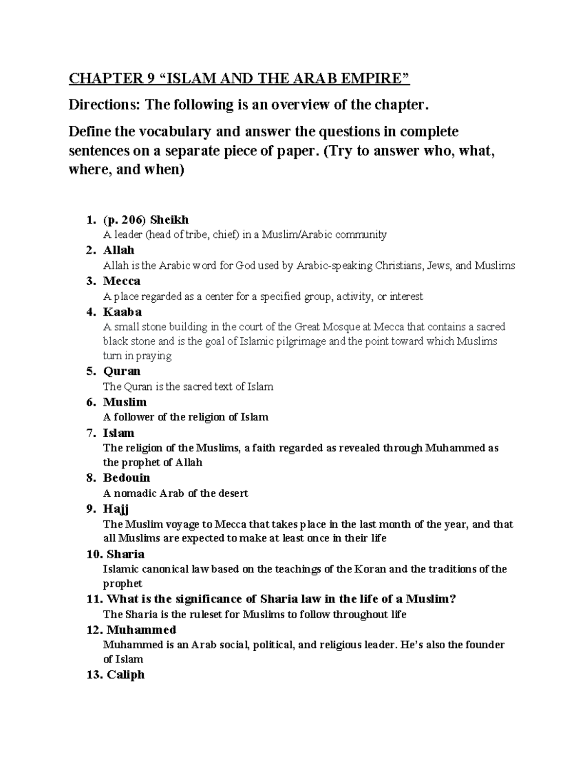 Definitions - Study Sheet - CHAPTER 9 “ISLAM AND THE ARAB EMPIRE ...
