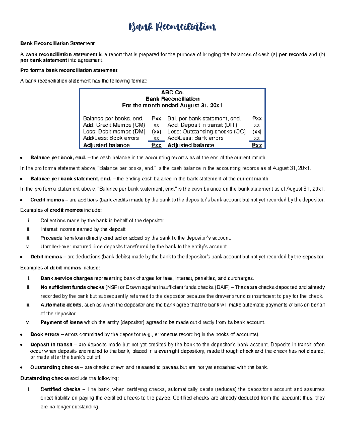 BANK RECONCILIATION NOTES: UNDERSTANDING CASH BALANCE ADJUSTMENTS - Studocu