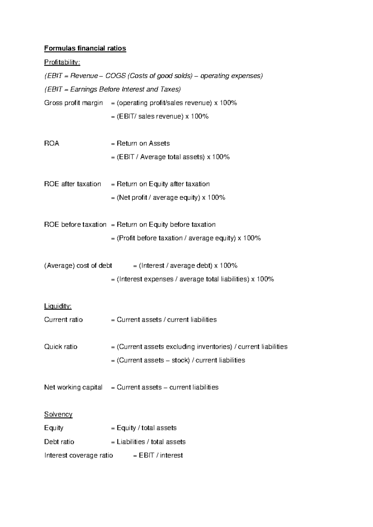 Finance Formulas and Financial Ratios Overview for ECF 101 - Studeersnel