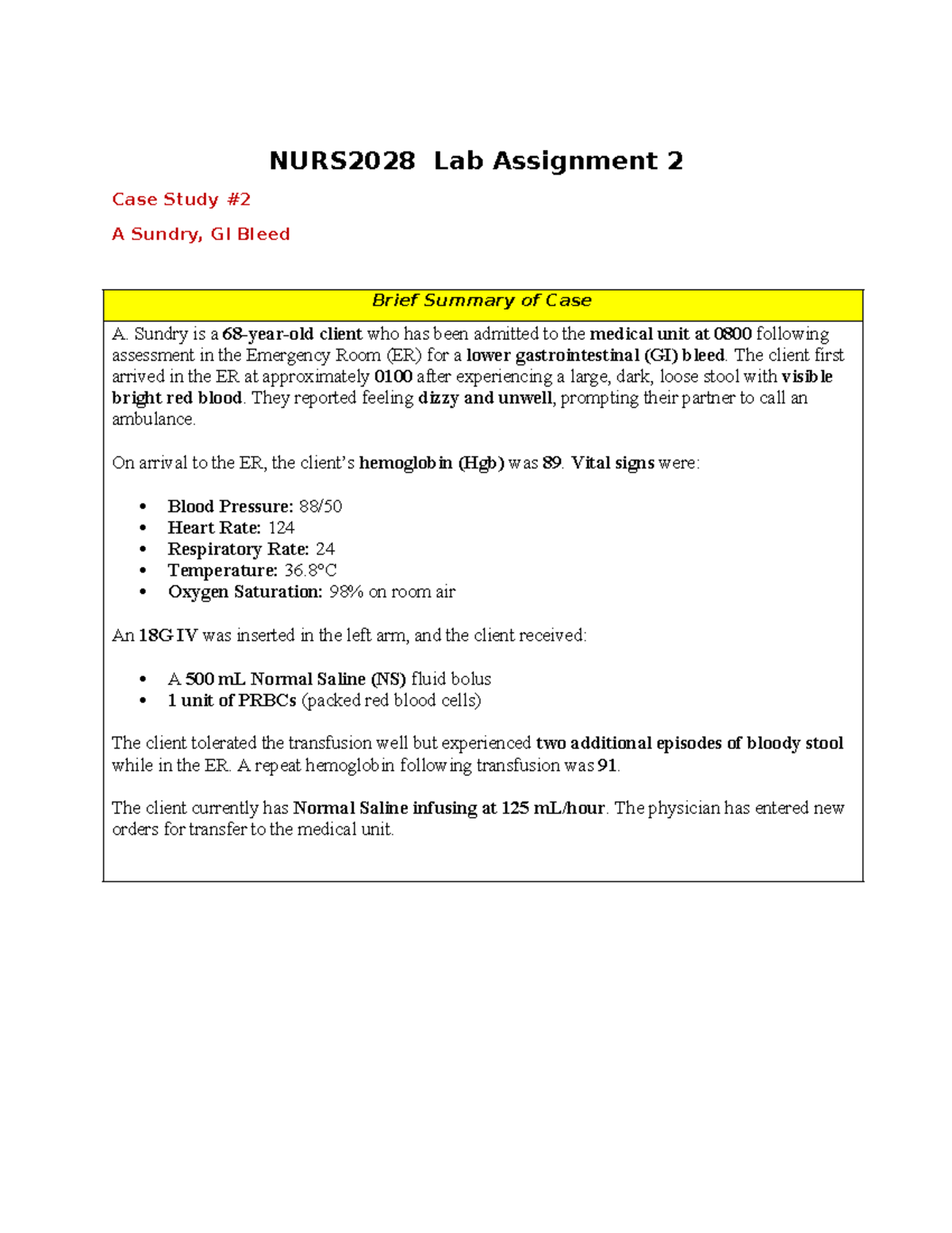 NURS2028 Lab Assignment 2: Case Study on A. Sundry's GI Bleed - Studocu
