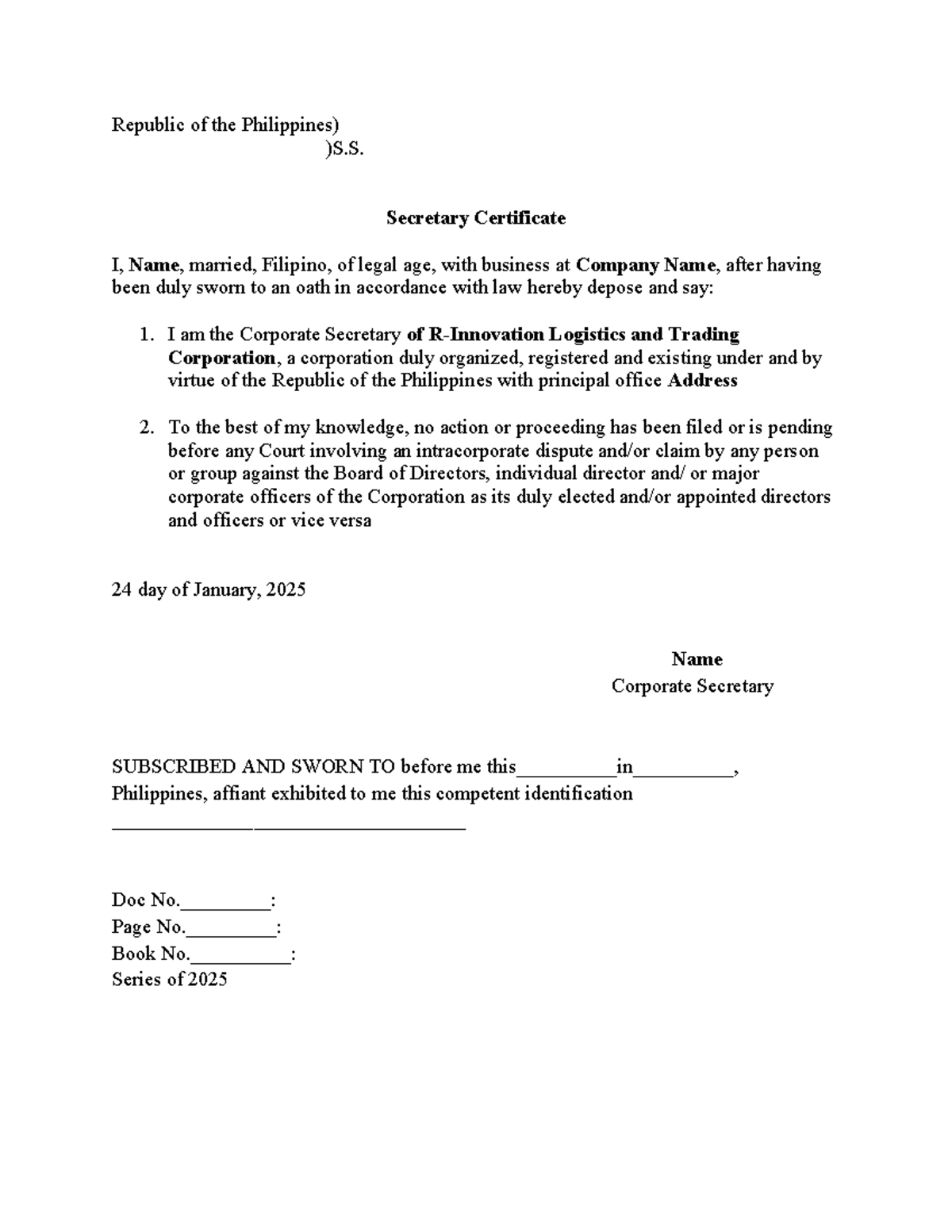 Notarized Sec. Certificate on No Pending Intra-Corp Dispute - Studocu