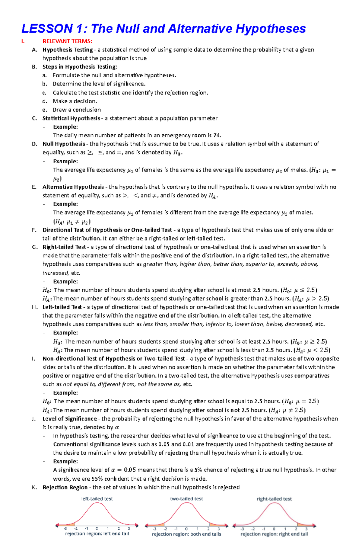Stats Handout Q4: Hypothesis Testing & Related Concepts for Exam - Studocu