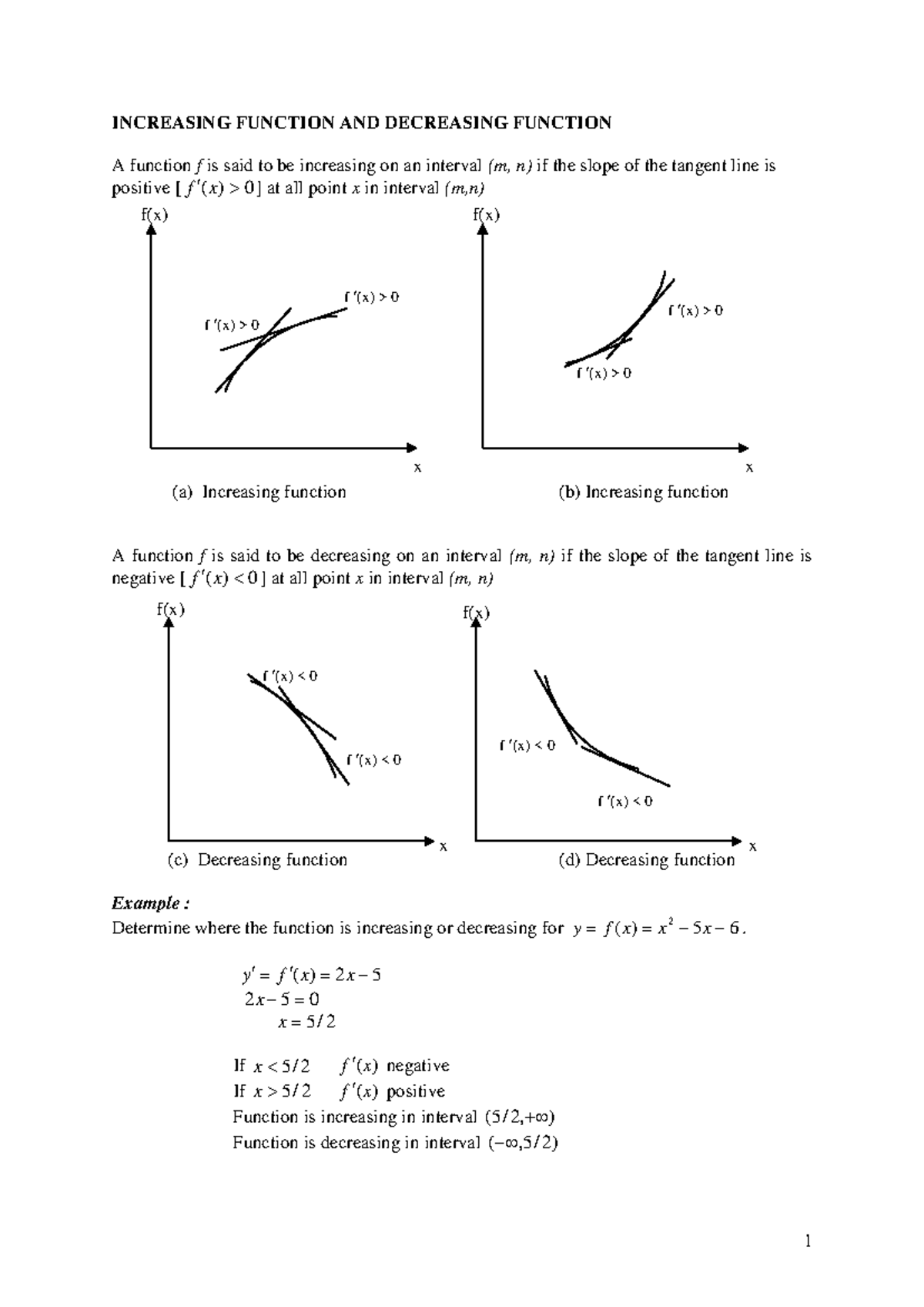 Differentiation Notes: Increasing & Decreasing Functions (MATH 10 ...