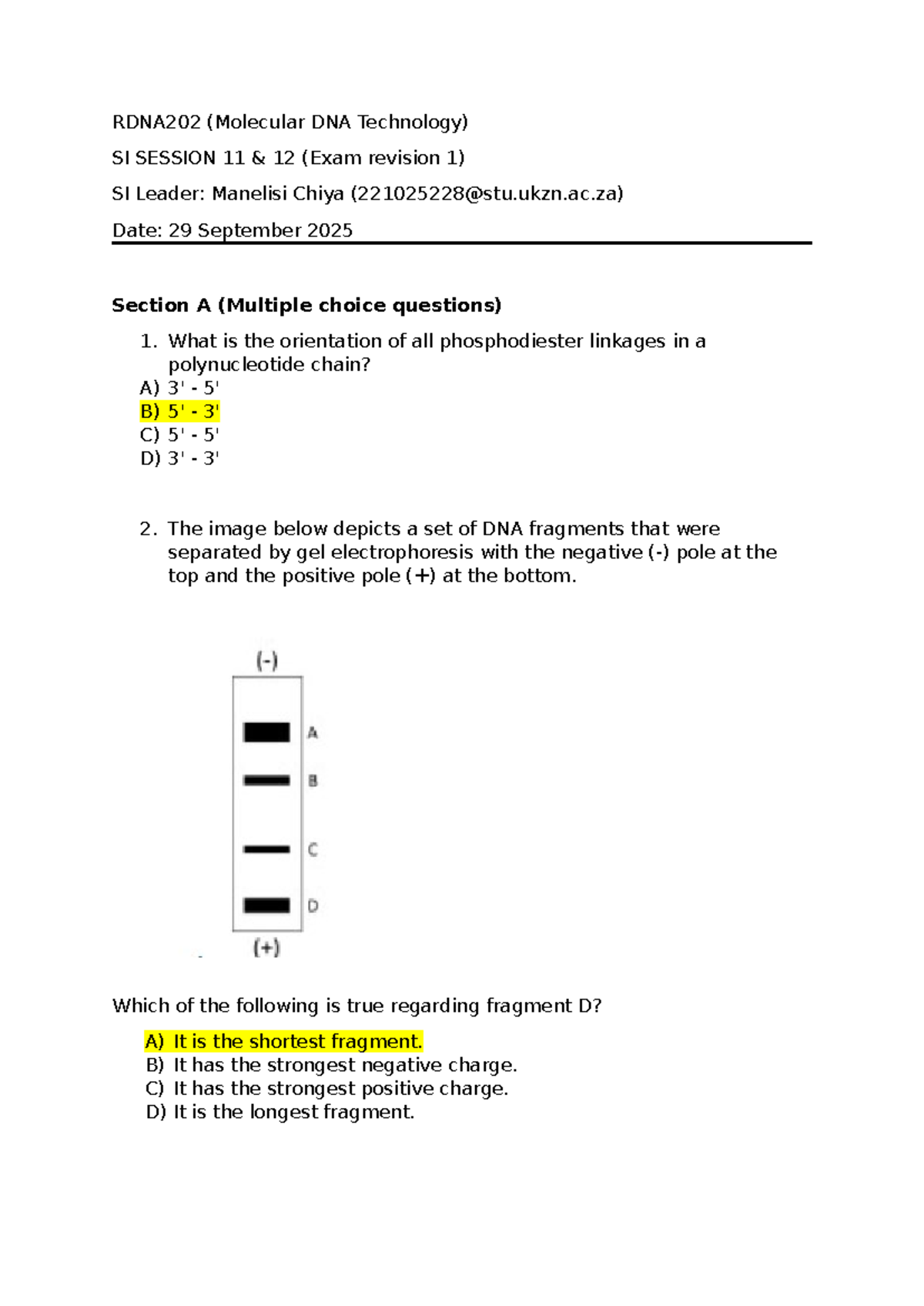 RDNA202 Molecular DNA Technology Exam Revision Worksheet - Studocu