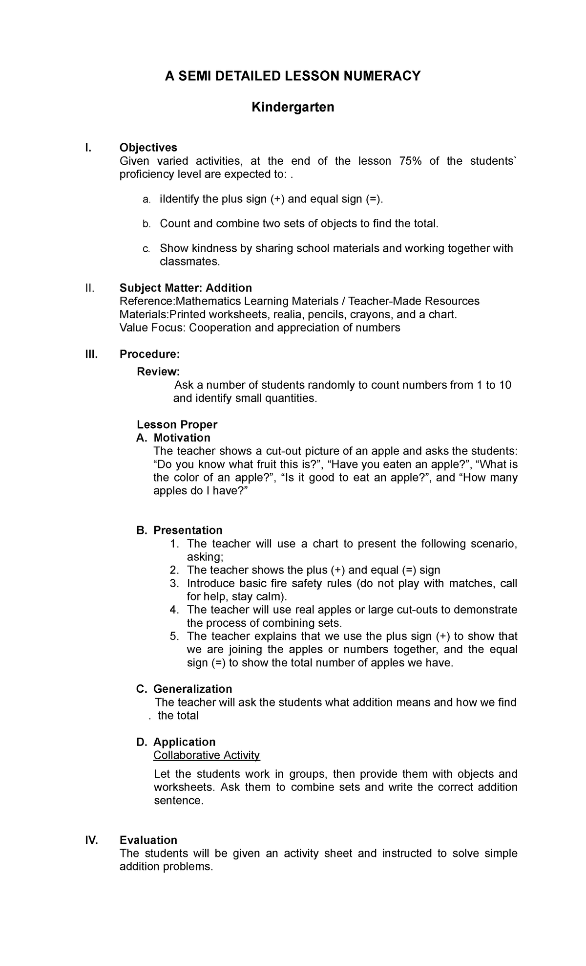 KINDERGARTEN MATH LESSON PLAN: ADDITION & NUMERACY OBJECTIVES - Studocu