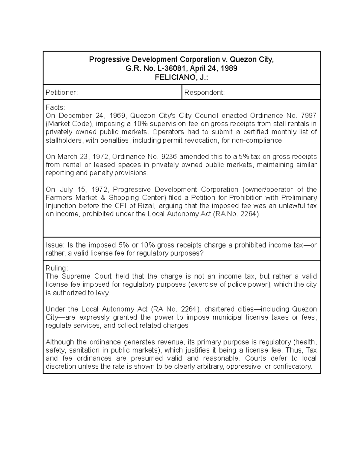 Case Study: Progressive Development Corp. v. Quezon City, G.R. No. 1989 ...