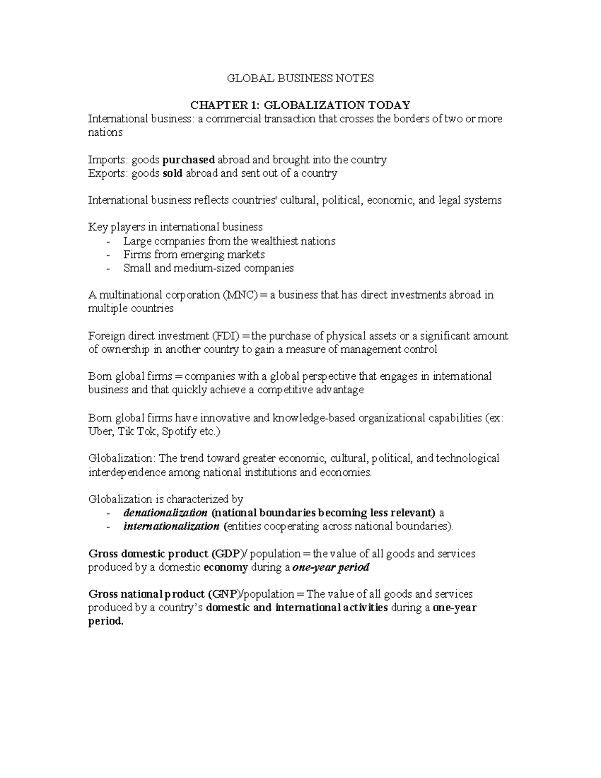 GLOBAL BUSINESS NOTES CHAPTER 1: GLOBALIZATION TODAY - Studocu