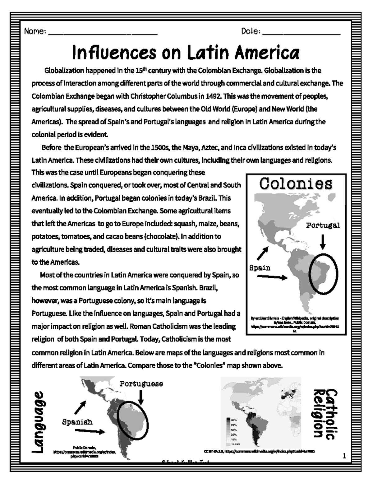 H1-LA Influences on Latin America Worksheet - Name: Date: Influences on ...