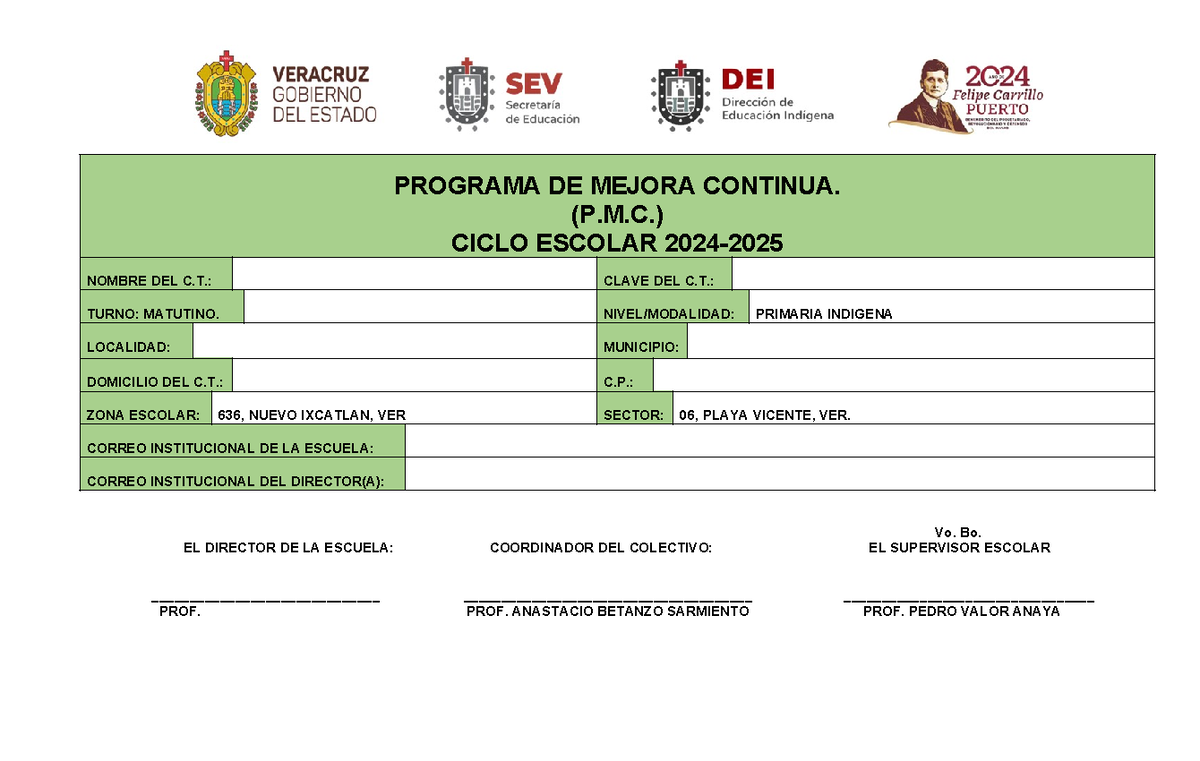 Formato PMC 2024 - Programa de Mejora Continua Primaria Indígena - Studocu