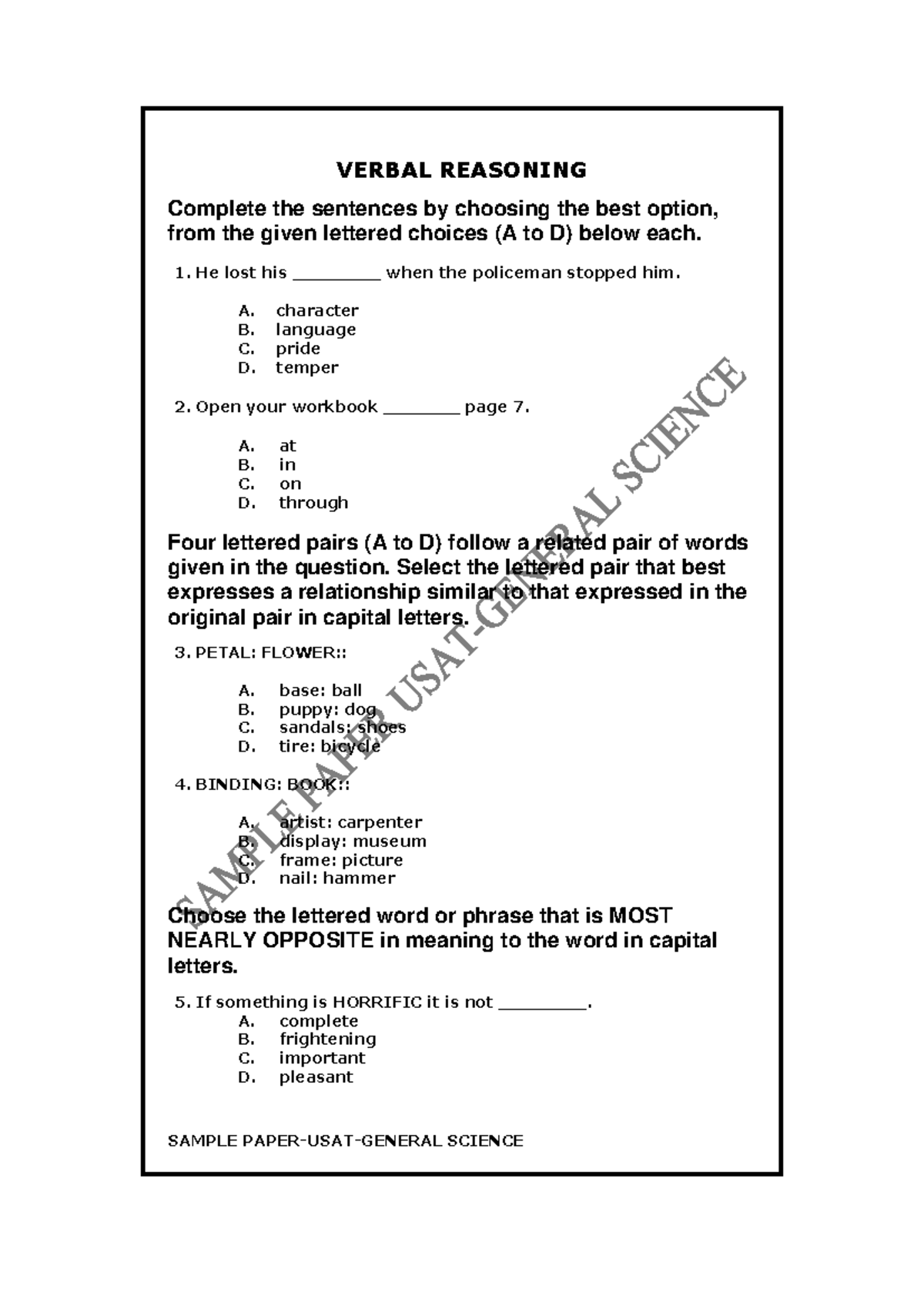 Sample Paper USAT: General Science Verbal Reasoning & Essay Topics ...