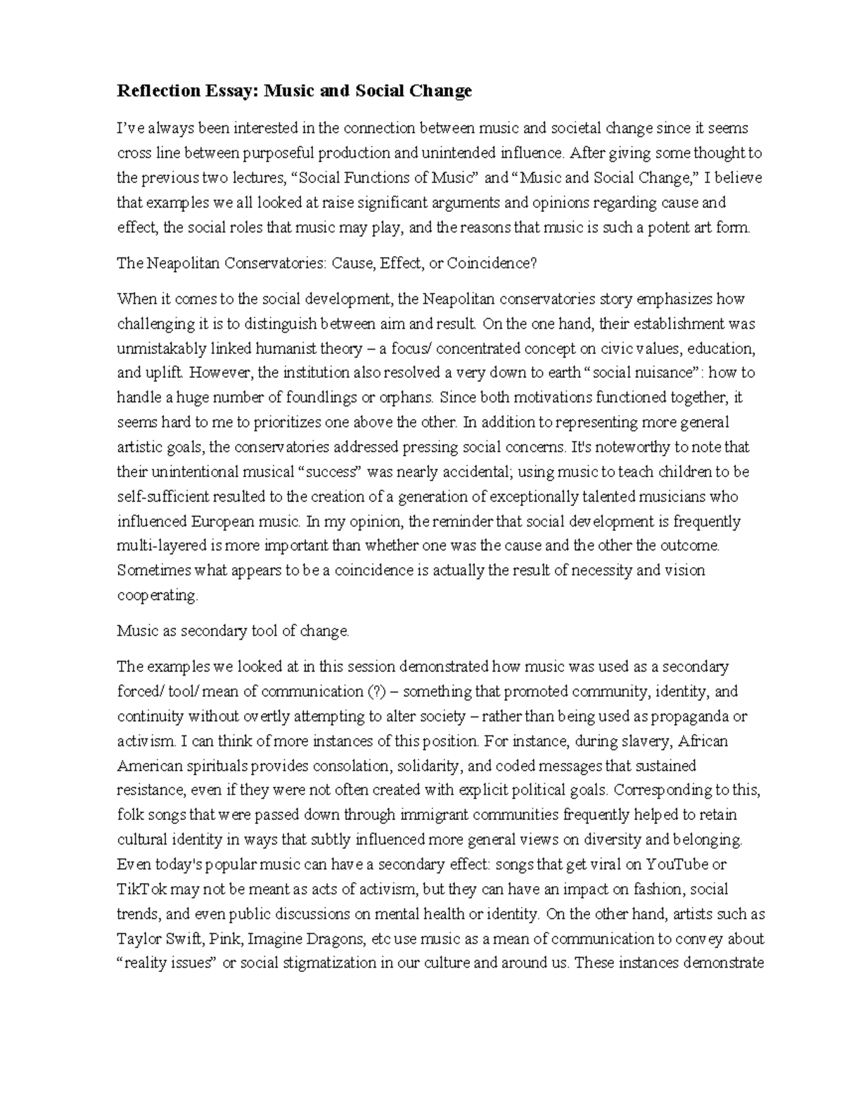 Reflection Essay: Music and Social Change (Course Code: MUS 101) - Studocu