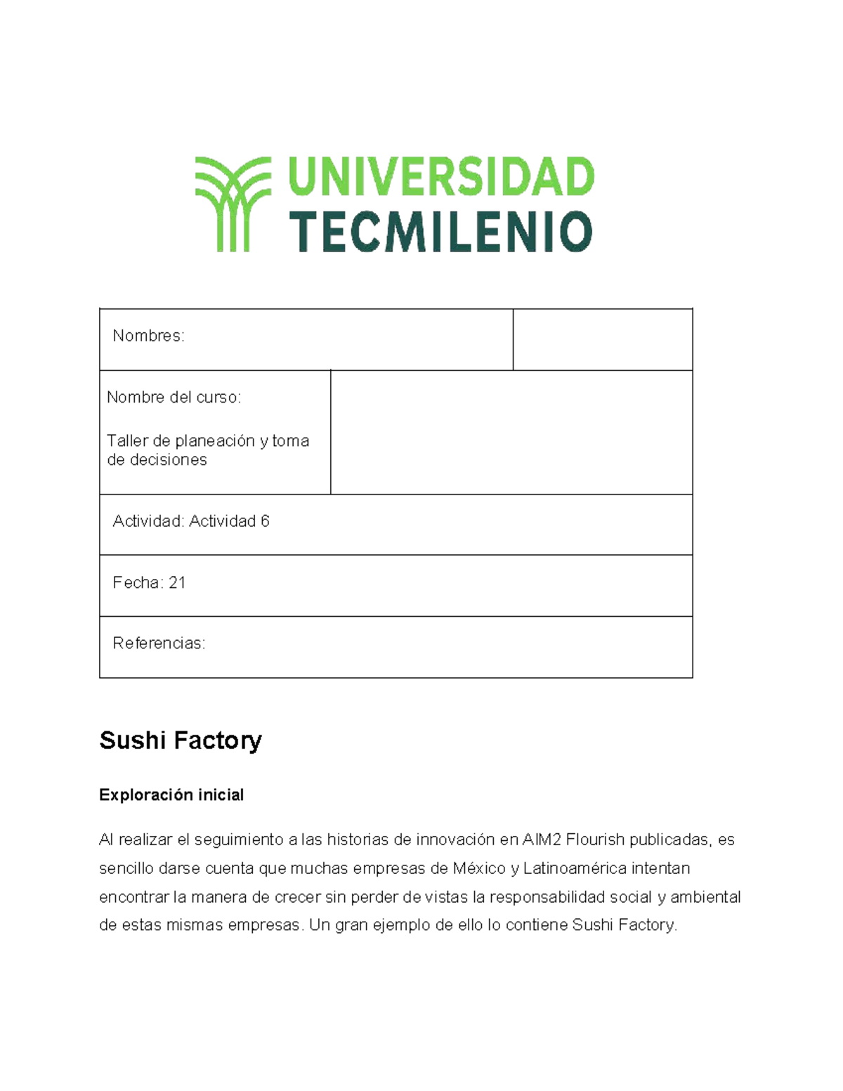 Evidencia 2: Innovación y Sustentabilidad en Sushi Factory - Taller de ...