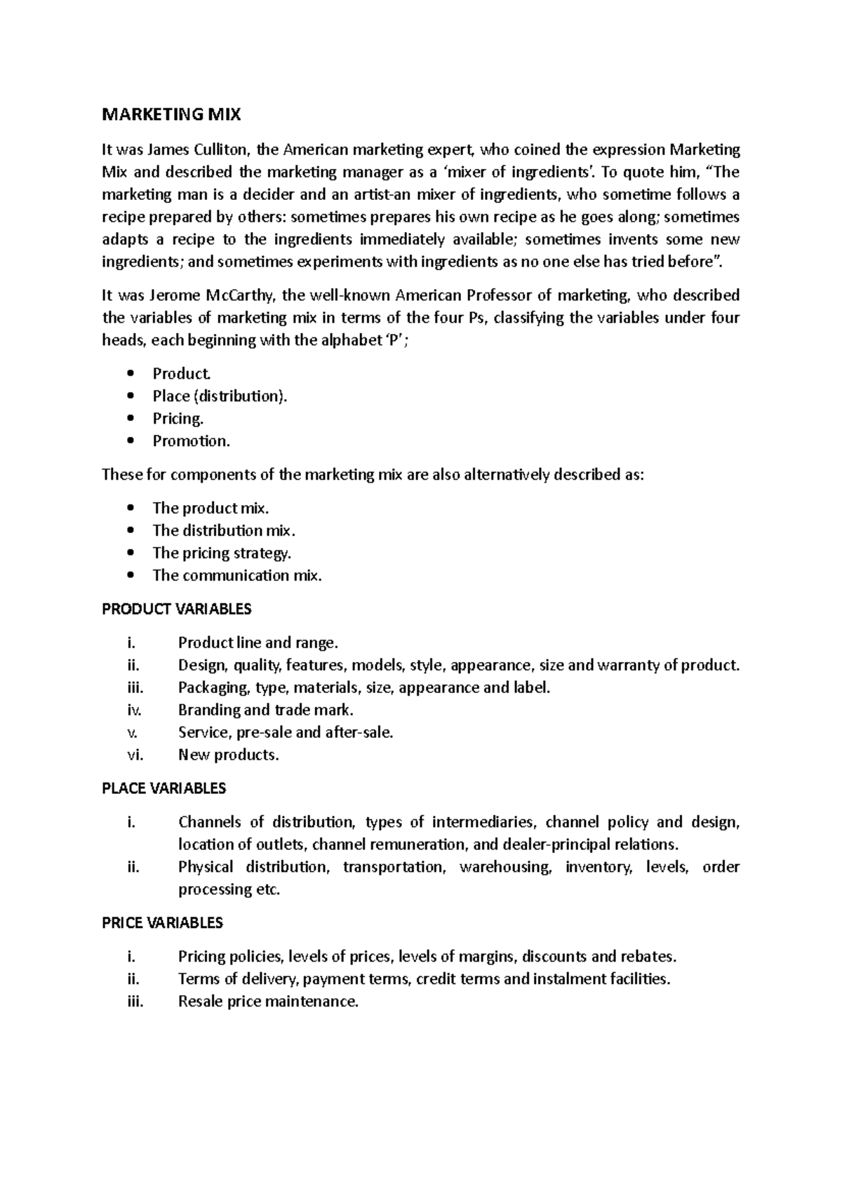 Marketing MIX - MARKETING MIX It was James Culliton, the American ...