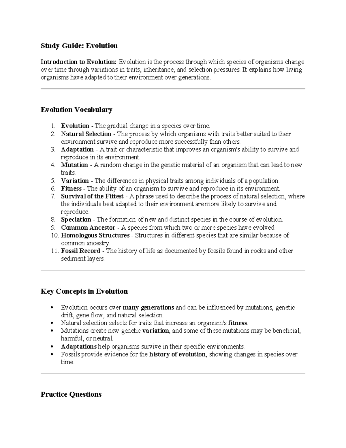 Study Guide: Key Concepts in Evolution and Natural Selection - Study ...