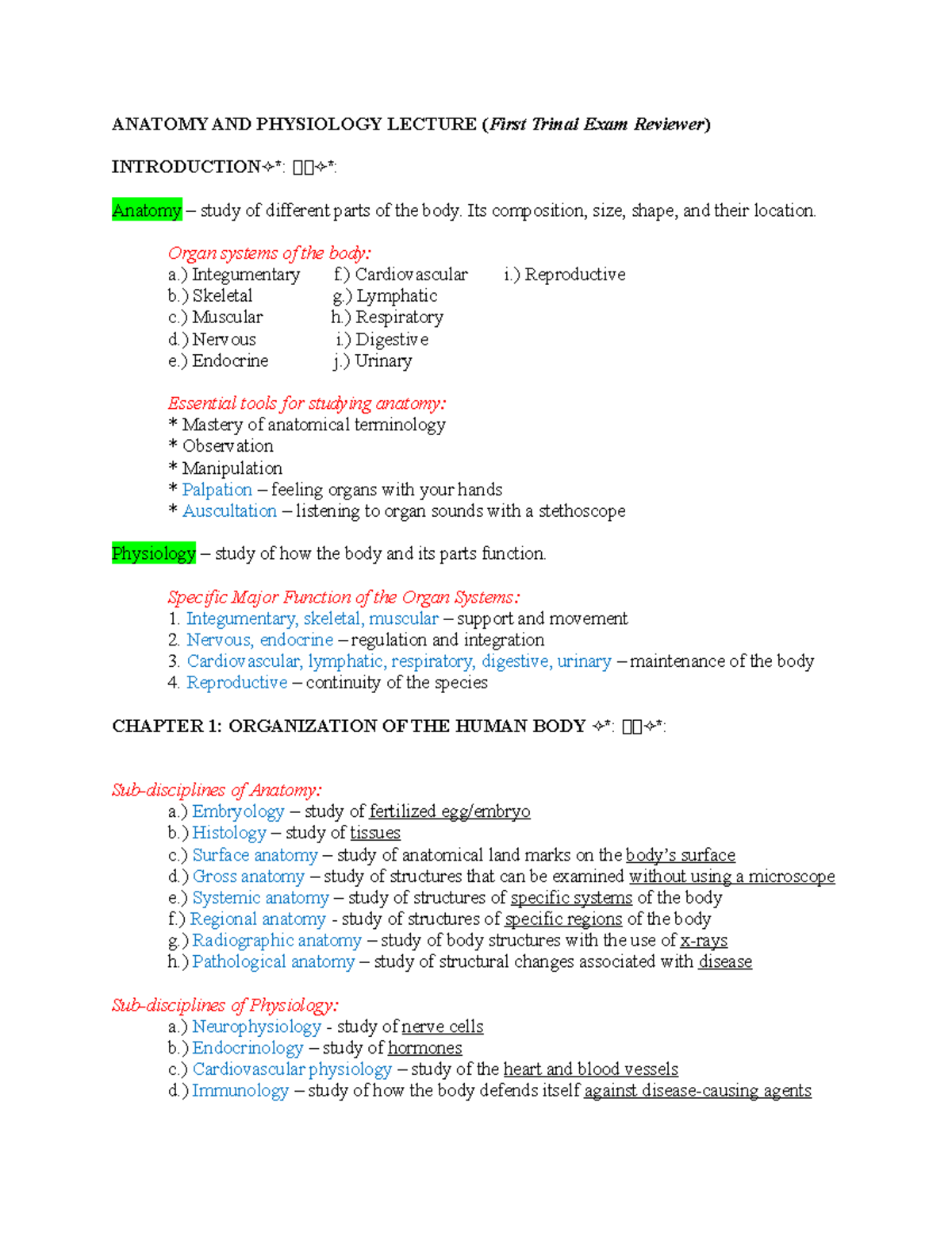 Anatomy & Physiology LEC Final Exam Reviewer (First Trimestral) - Studocu