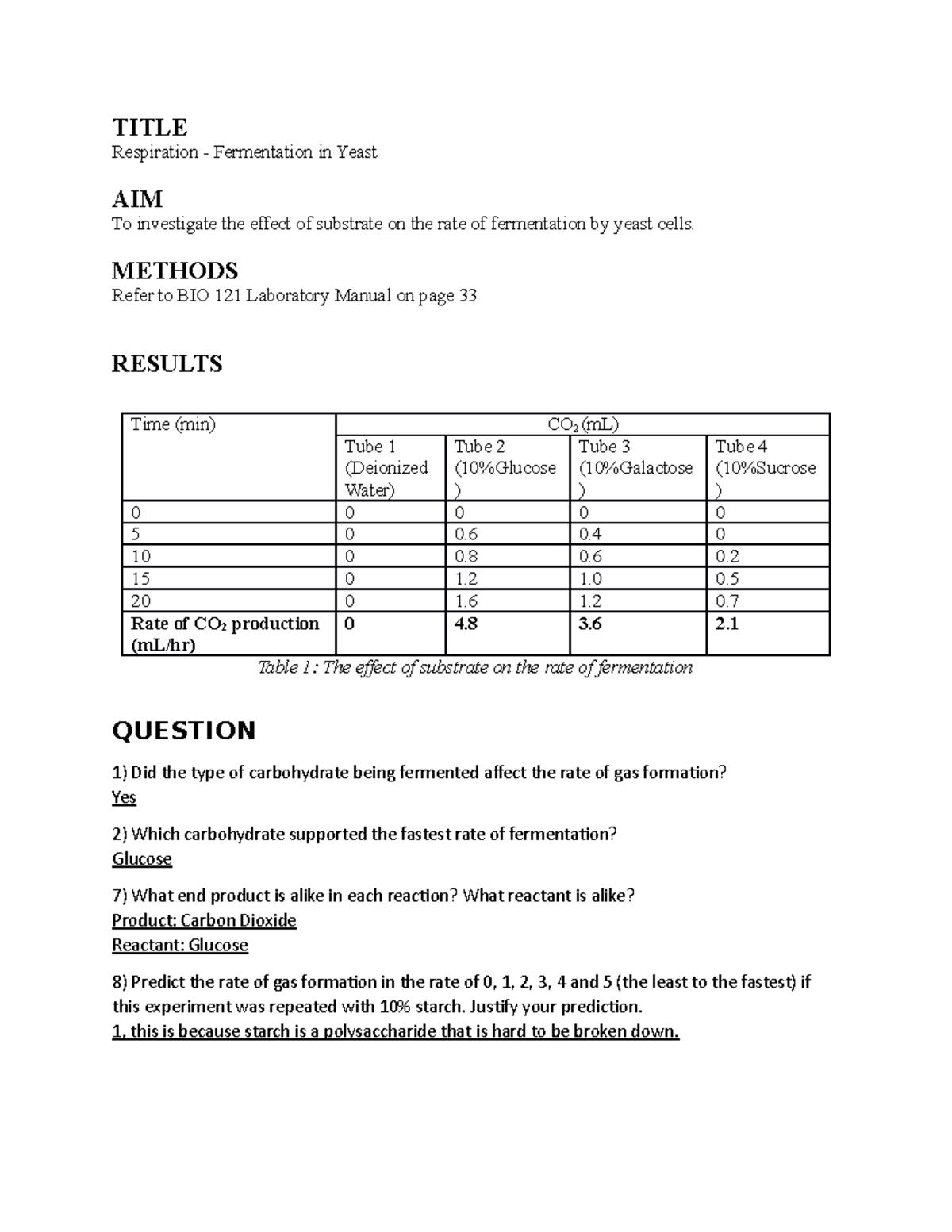 BIO 121 Lab 6 - Yeast Fermentation and Substrate Effects Report - Studocu