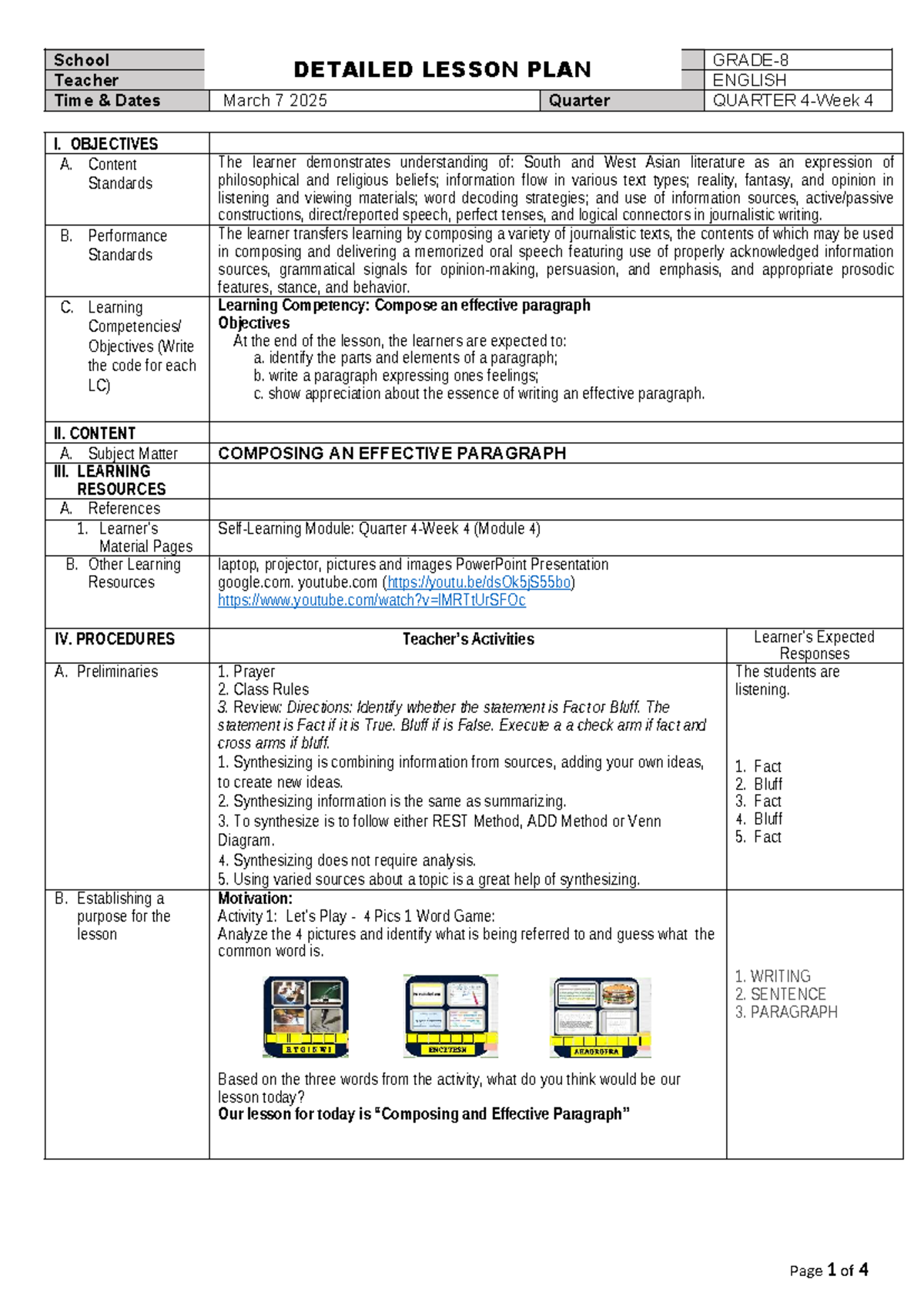 DLP-Eng 8 Q4-Wk 4: Composing an Effective Paragraph Lesson Plan - Studocu