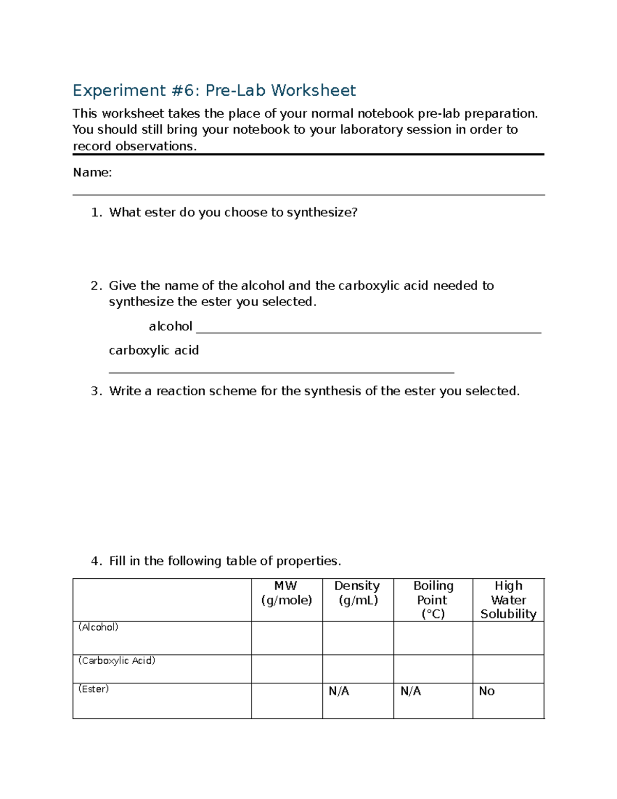 Experiment 6 Pre-Lab Worksheet - Experiment #6: Pre-Lab Worksheet This ...