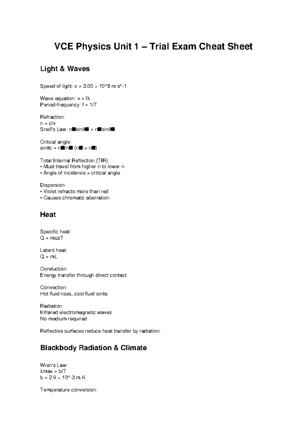 VCE Physics Unit 1 Trial Exam Cheat Sheet: Light Waves & Radioactivity ...