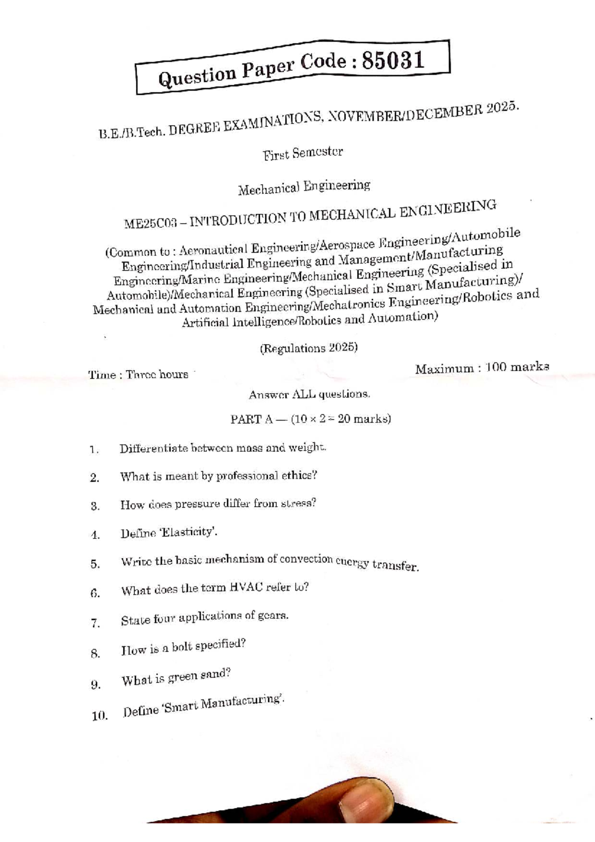 ME25C03 Introduction to Mechanical Engineering Nov-Dec 2025 Exam Paper ...