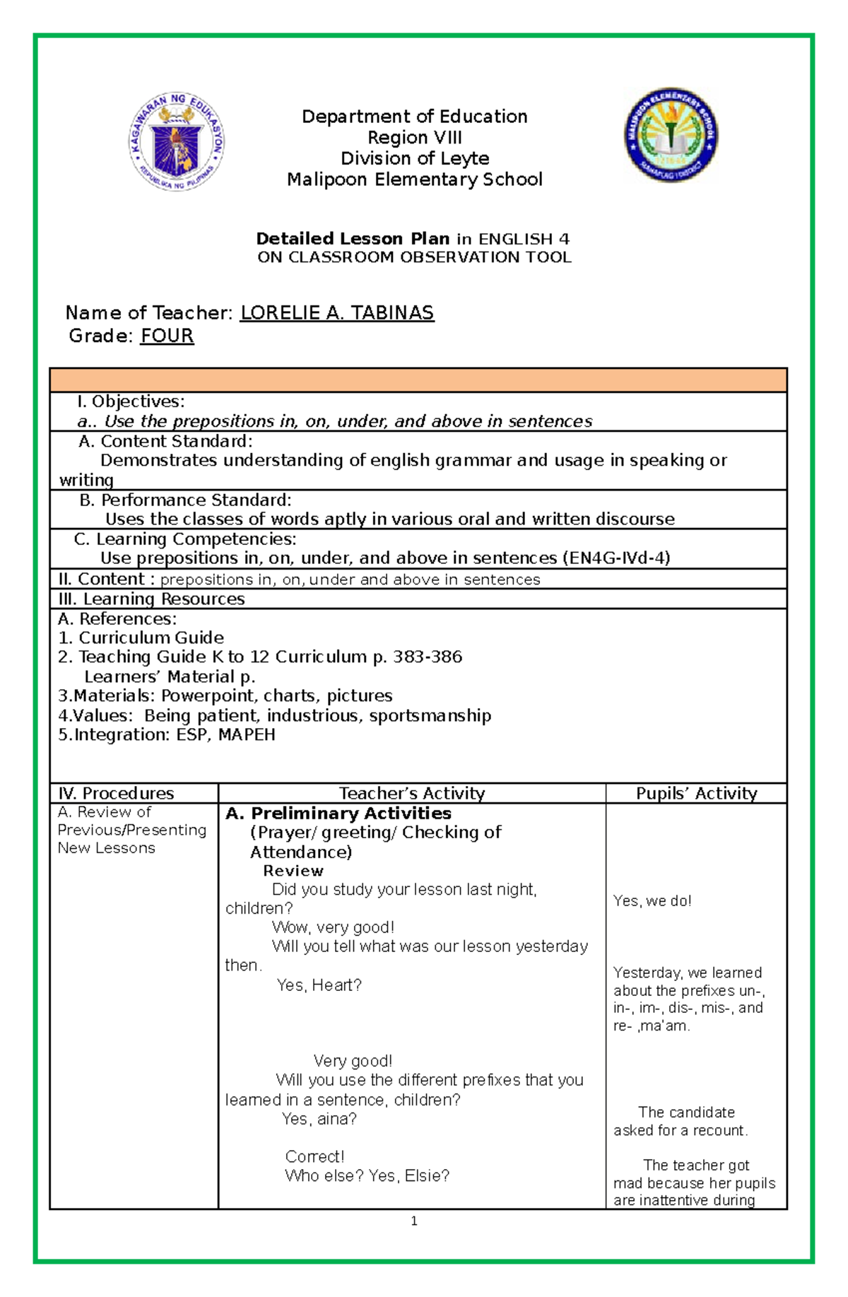 COT Detailed Lesson Plan: English 4 Q4 on Prepositions - Studocu