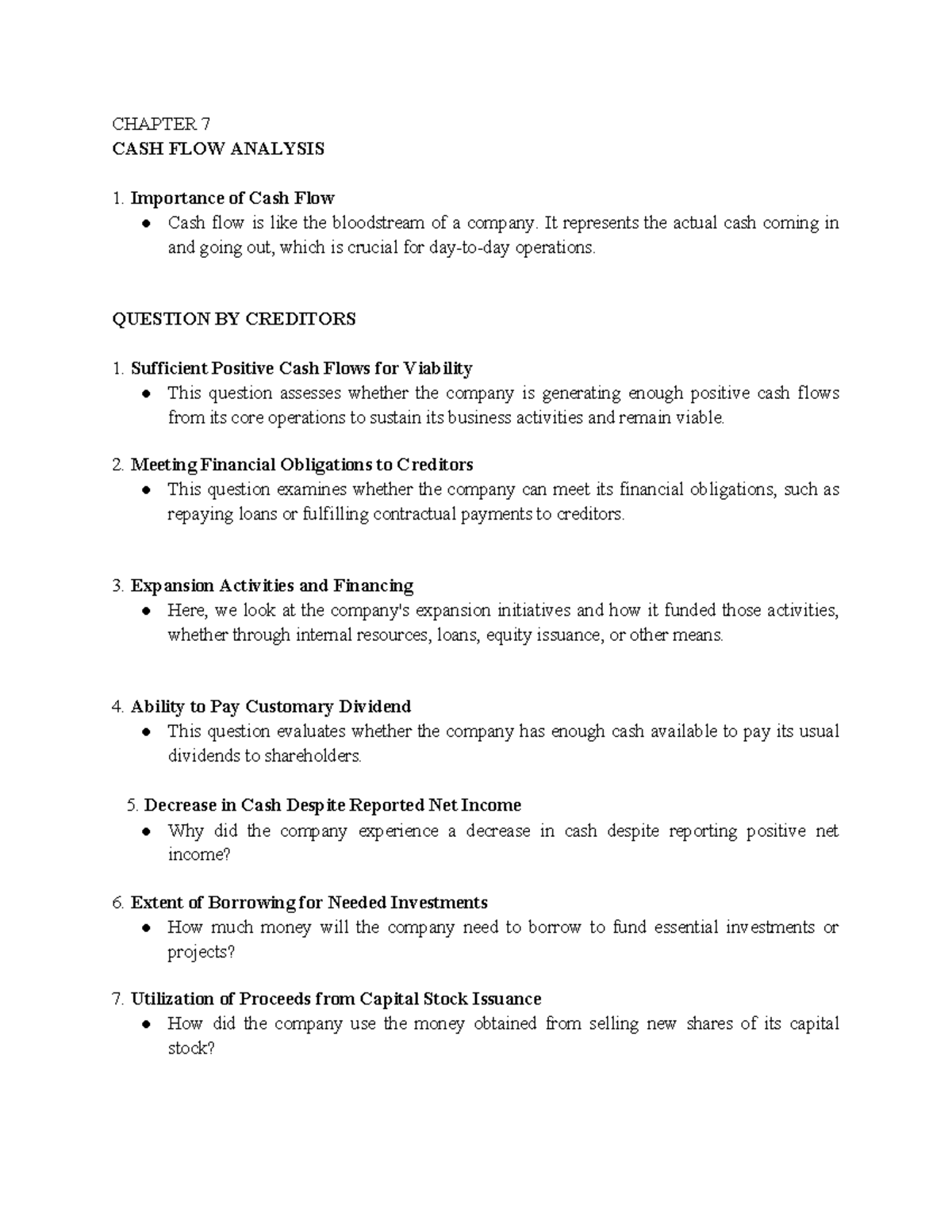 Written Report - CHAPTER 7 CASH FLOW ANALYSIS Importance of Cash Flow Cash flow is like the ...