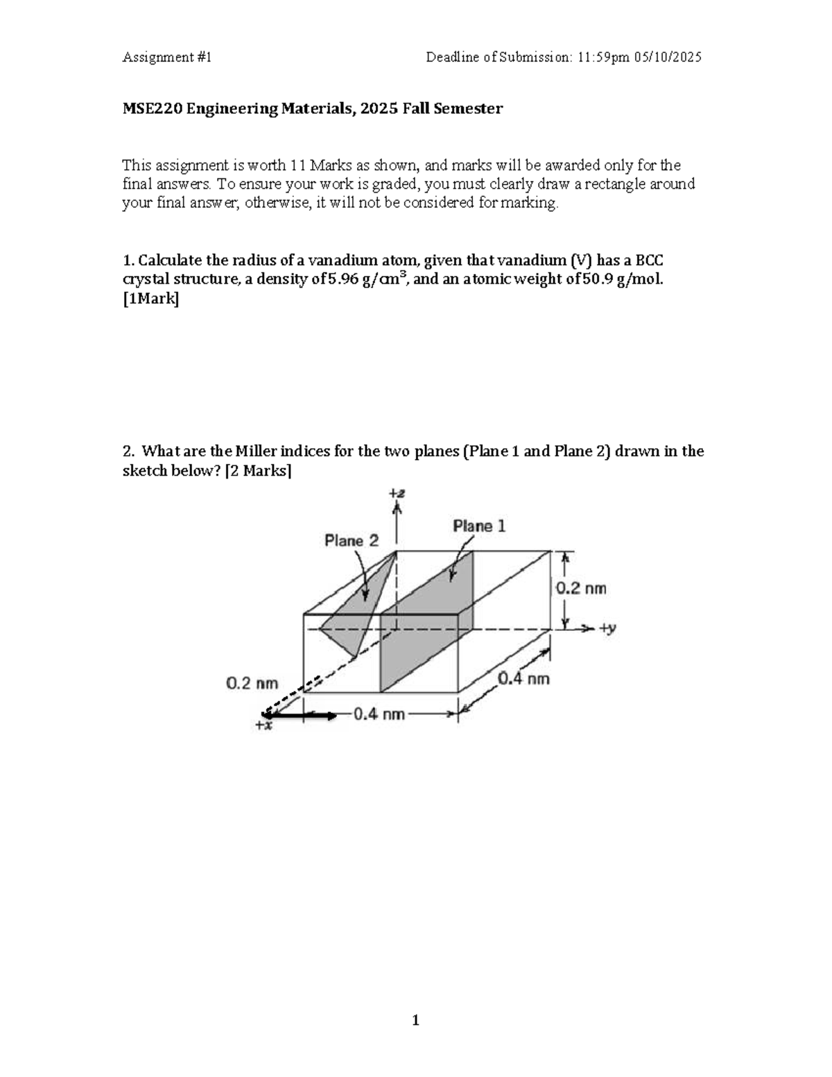 MSE220 Engineering Materials Assignment #1 Submission Guidelines - Studocu