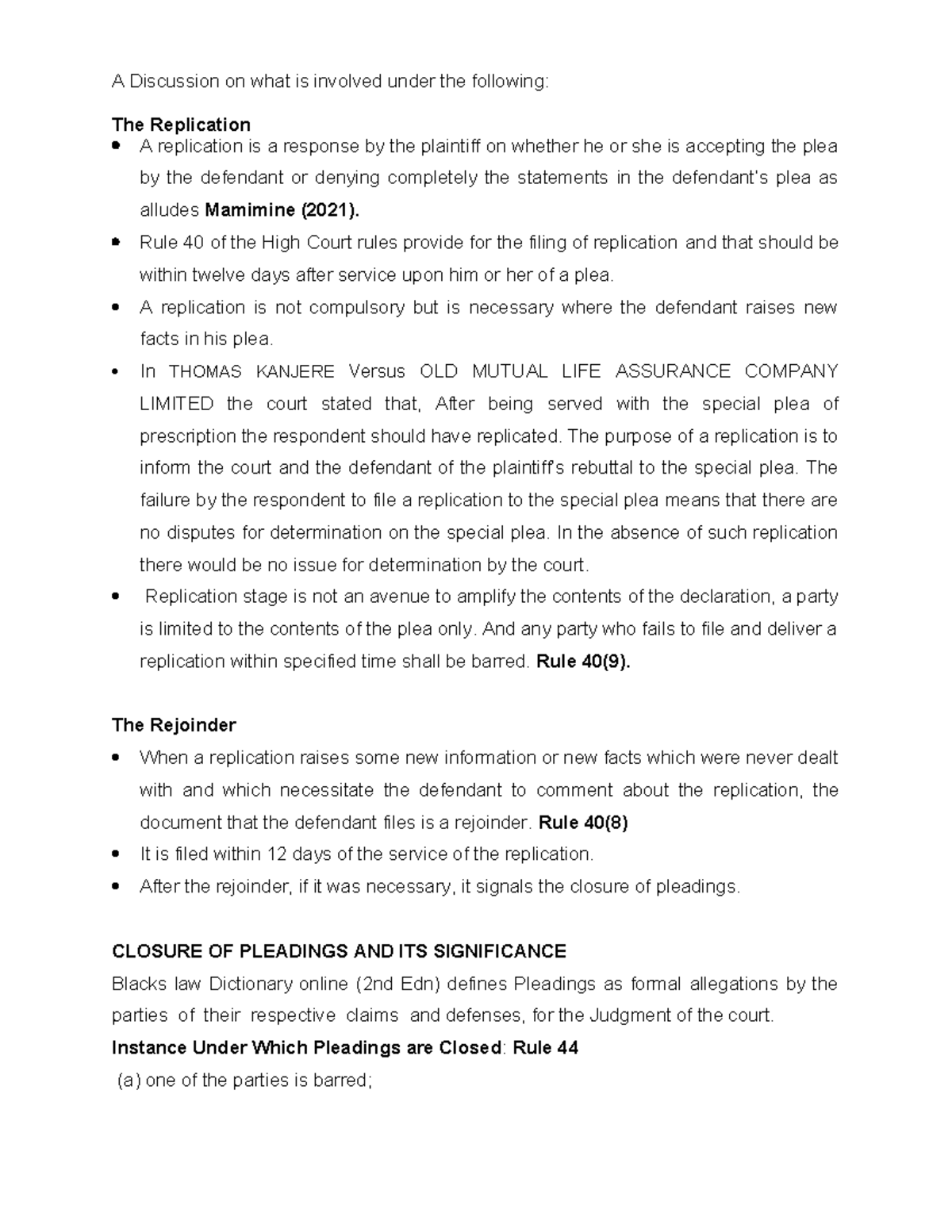 Legal Procedures: Replication, Rejoinder & Closure of Pleadings - Studocu