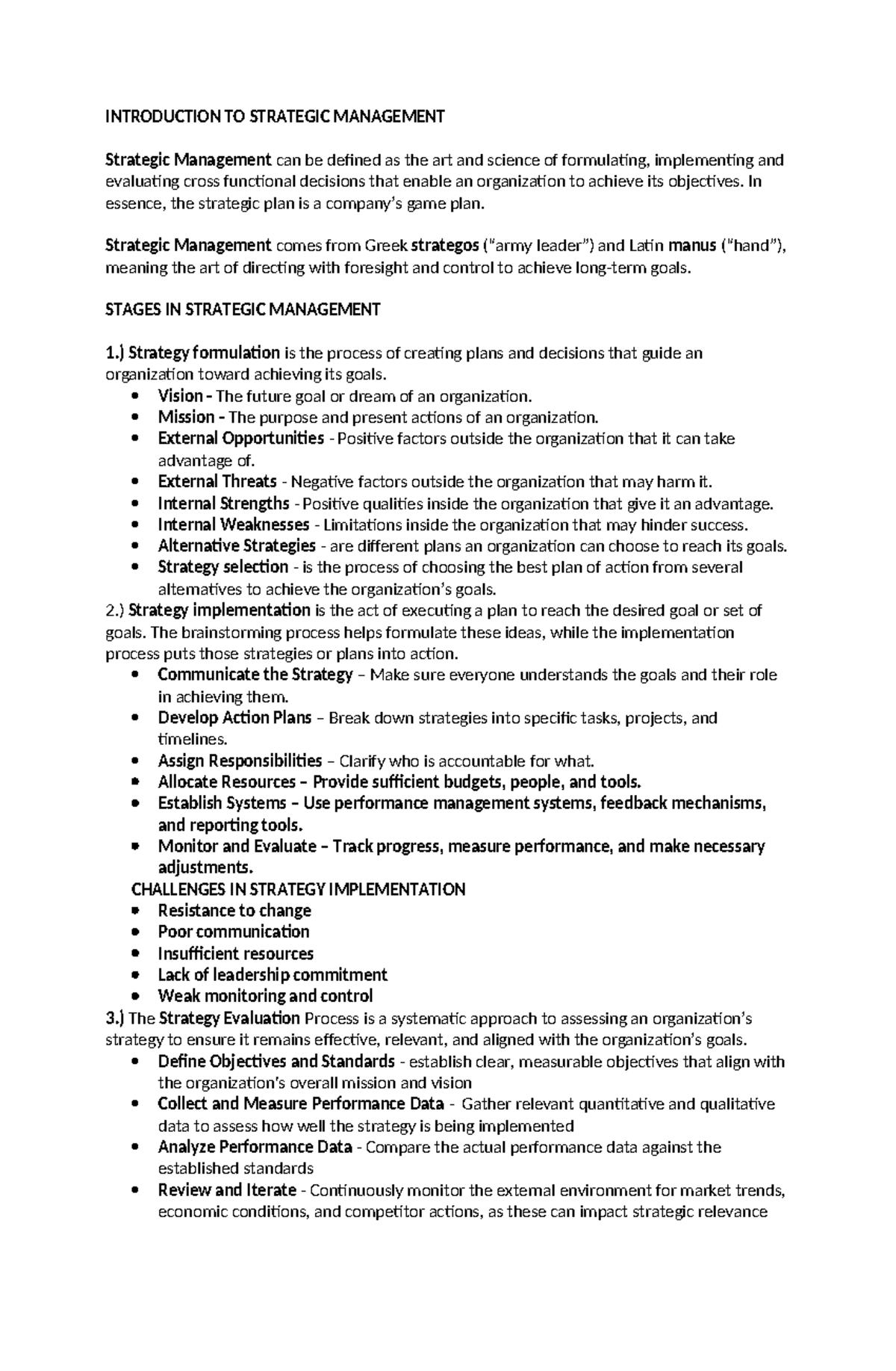 STRATEGIC MANAGEMENT: FORMULATION, IMPLEMENTATION & EVALUATION - Studocu
