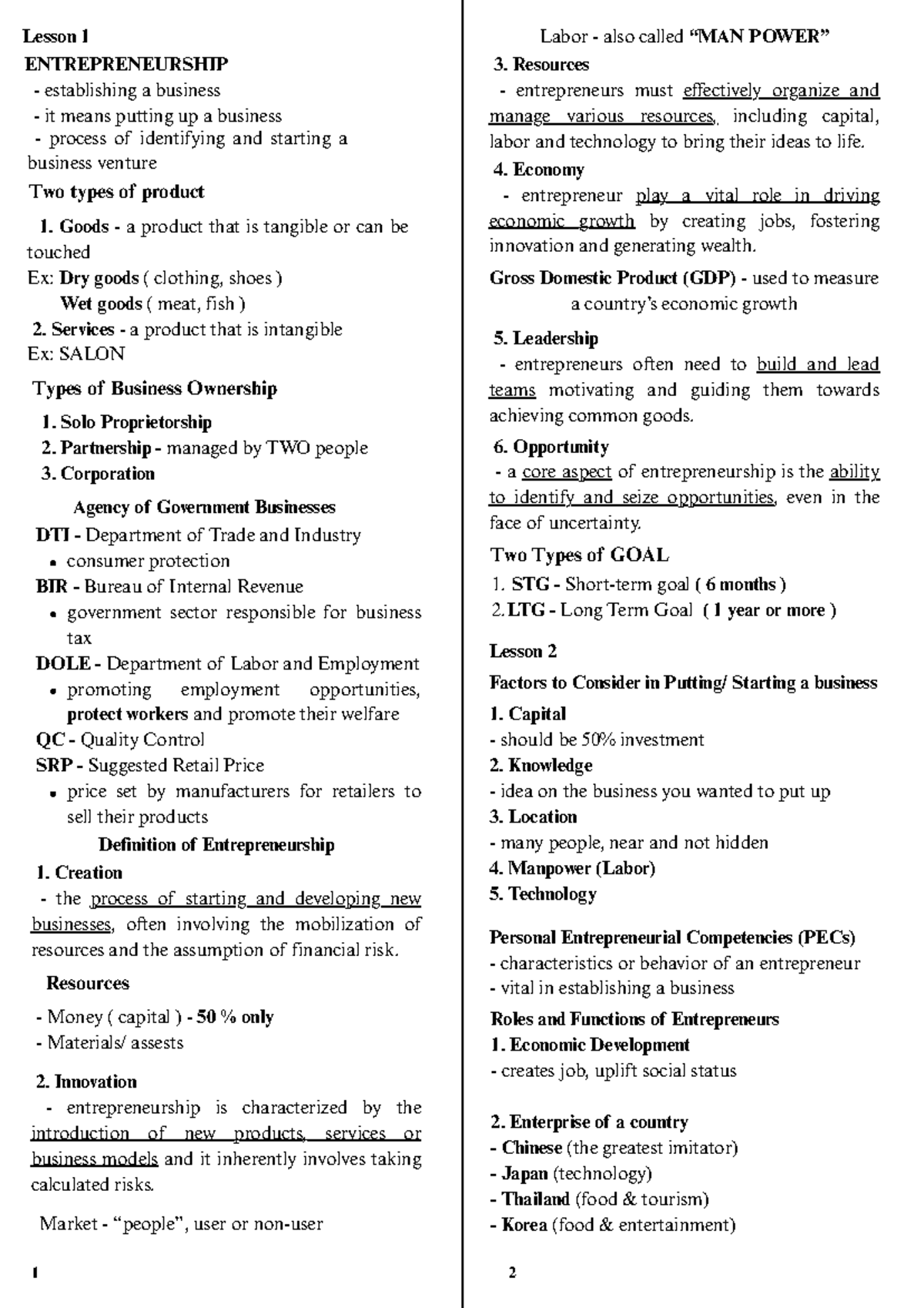 ENTREPRENEURSHIP Lesson 1: Starting a Business and Key Concepts - Studocu