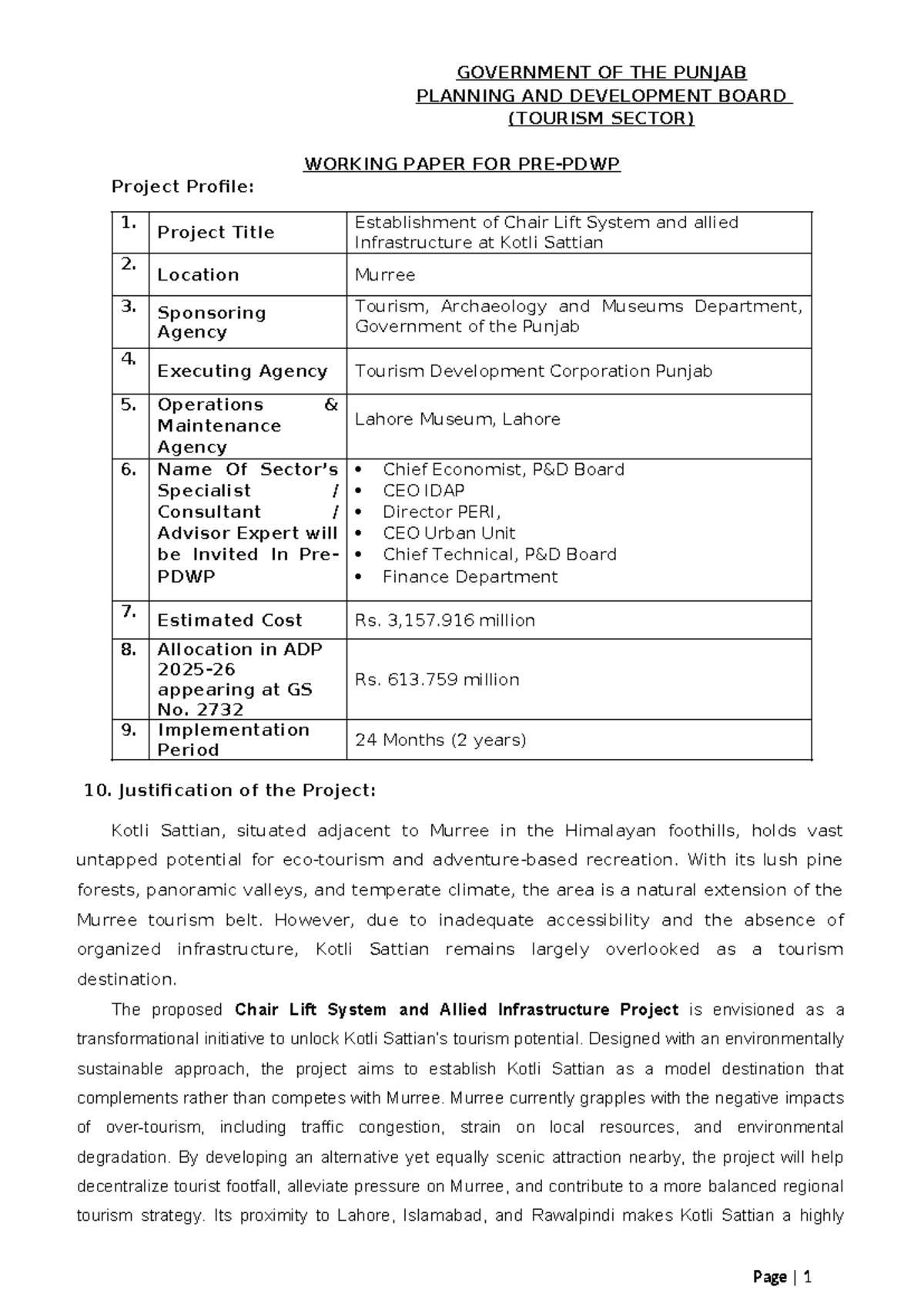 WP for Pre-PDWP: Chair Lift System & Infrastructure at Kotli Sattian ...