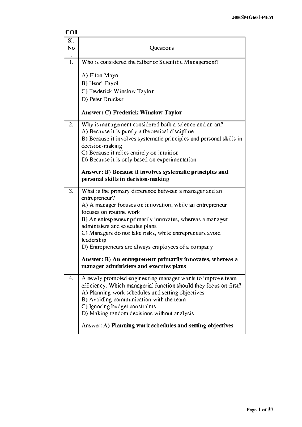 CO1 Question Bank - PEM: Management Concepts and Principles - Studocu