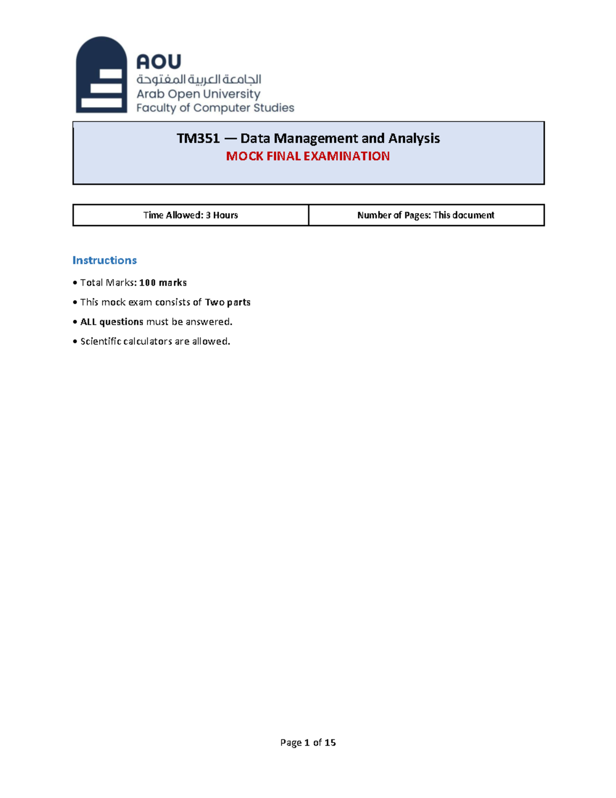 TM351 Data Management & Analysis Mock Final Exam - Version 2 - Studocu
