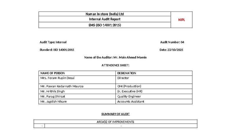 NIPL EMS Internal Audit Report No. 04 - Findings & Observations - Studocu