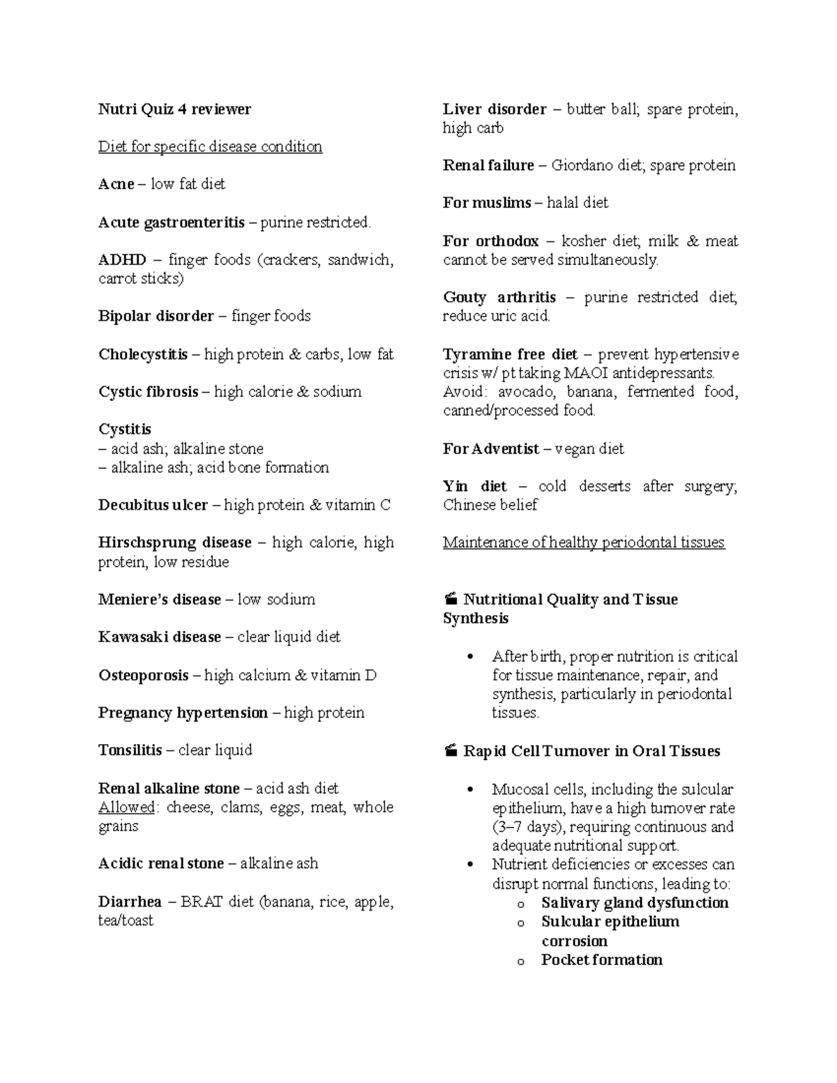 Nutri Quiz 4 Reviewer: Diets for Specific Disease Conditions - Studocu