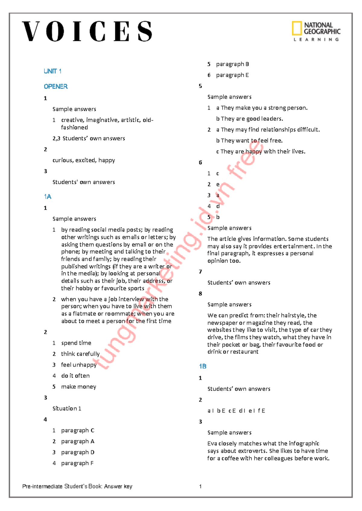 Pre-Intermediate Students' Book: Answer Key for Units 1-6 - Studocu
