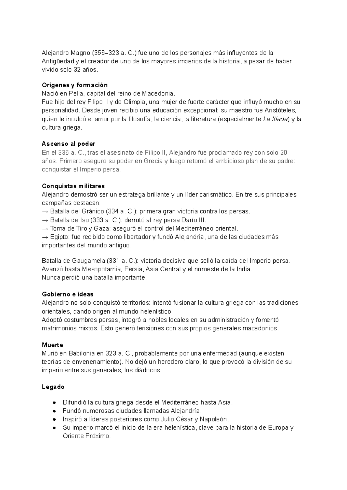 Alejandro Magno: Conquistador y Legado en la Antigüedad - Studocu