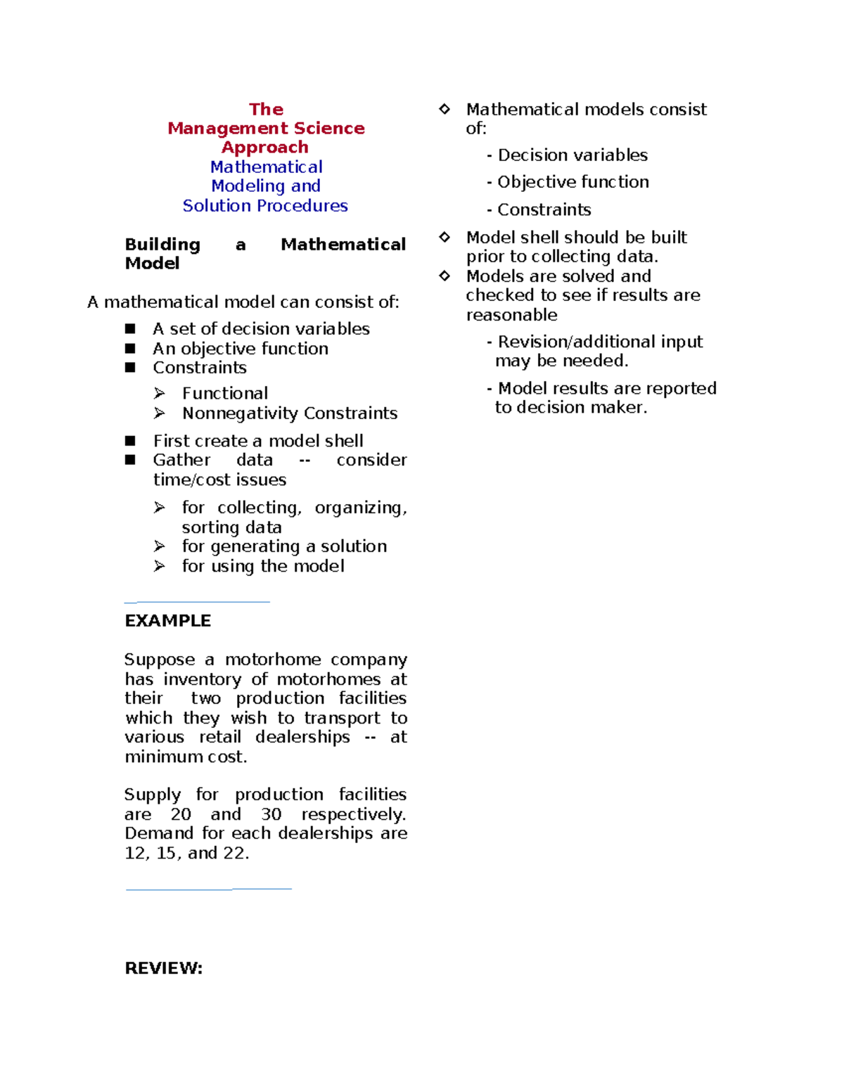 MAN 301: Mathematical Modeling and Solution Procedures in Management ...
