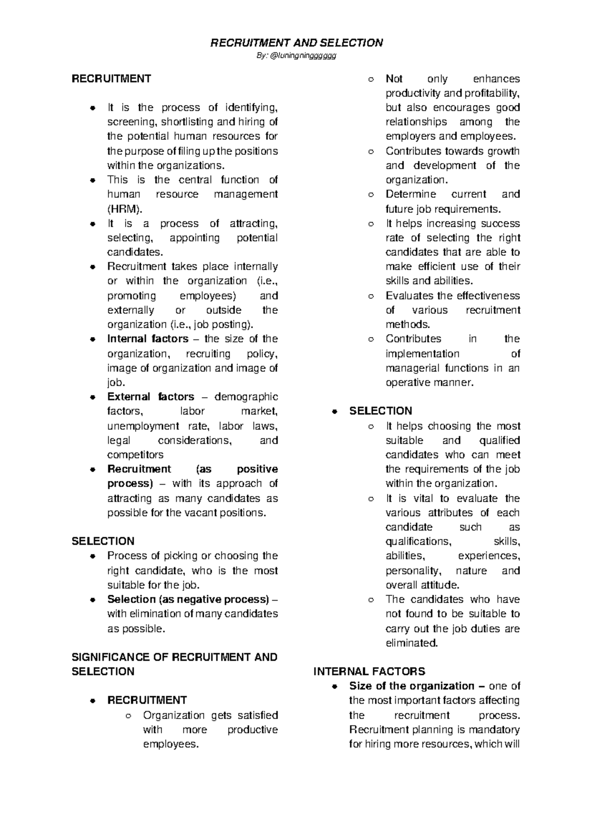 Recruitment and Selection Process Overview for HRM 101 - Studocu