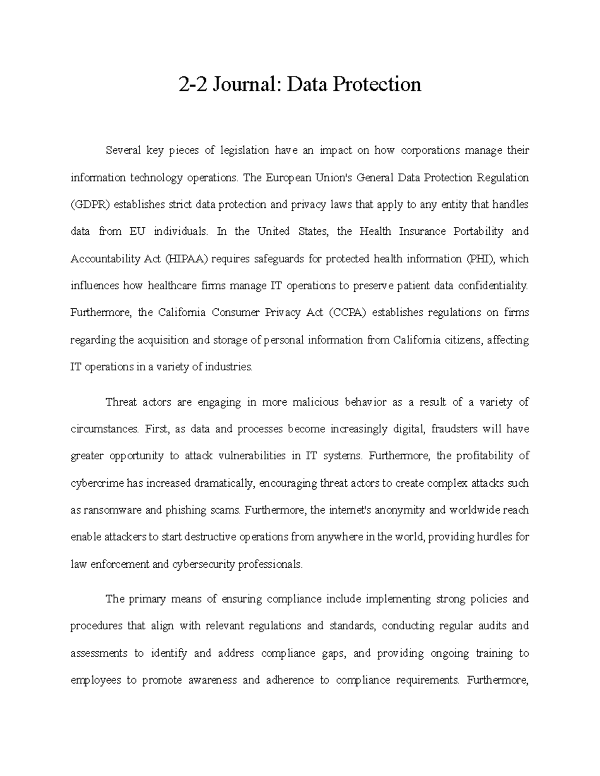 2-2 Journal: Key Aspects of Data Protection & Compliance - Studocu